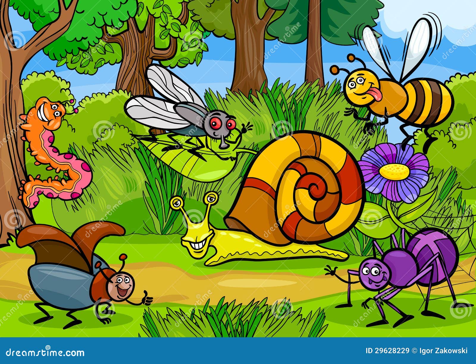 Cartoon Insects on Nature Rural Scene Stock Vector - Illustration of ...