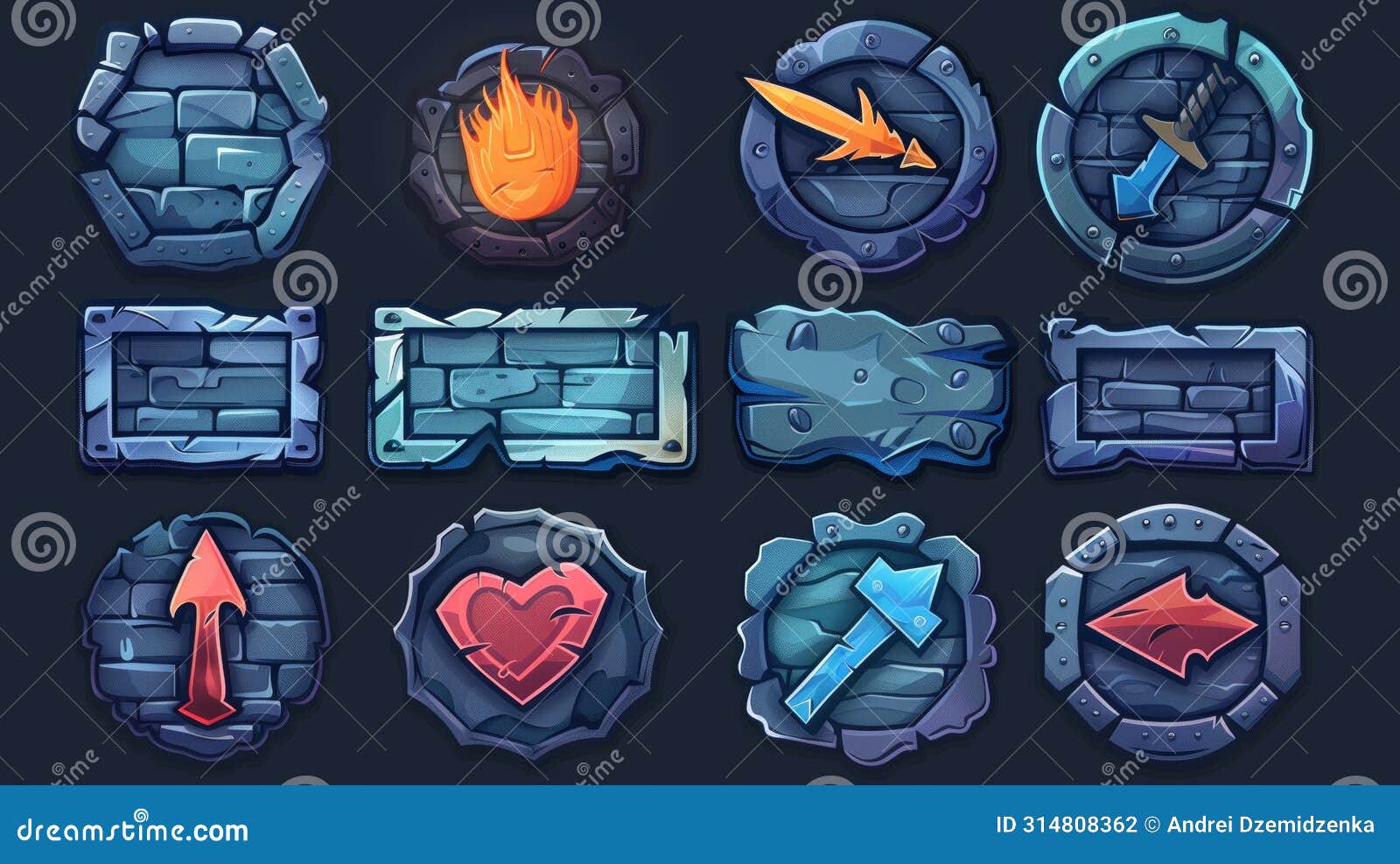 Cartoon Interface Button For Stone Rock Game. Circle, Arrow, Loading ...