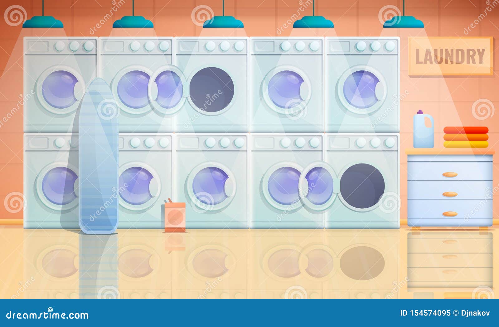 Cartoon Interior of Laundry Room with Washing Machines Stock ...