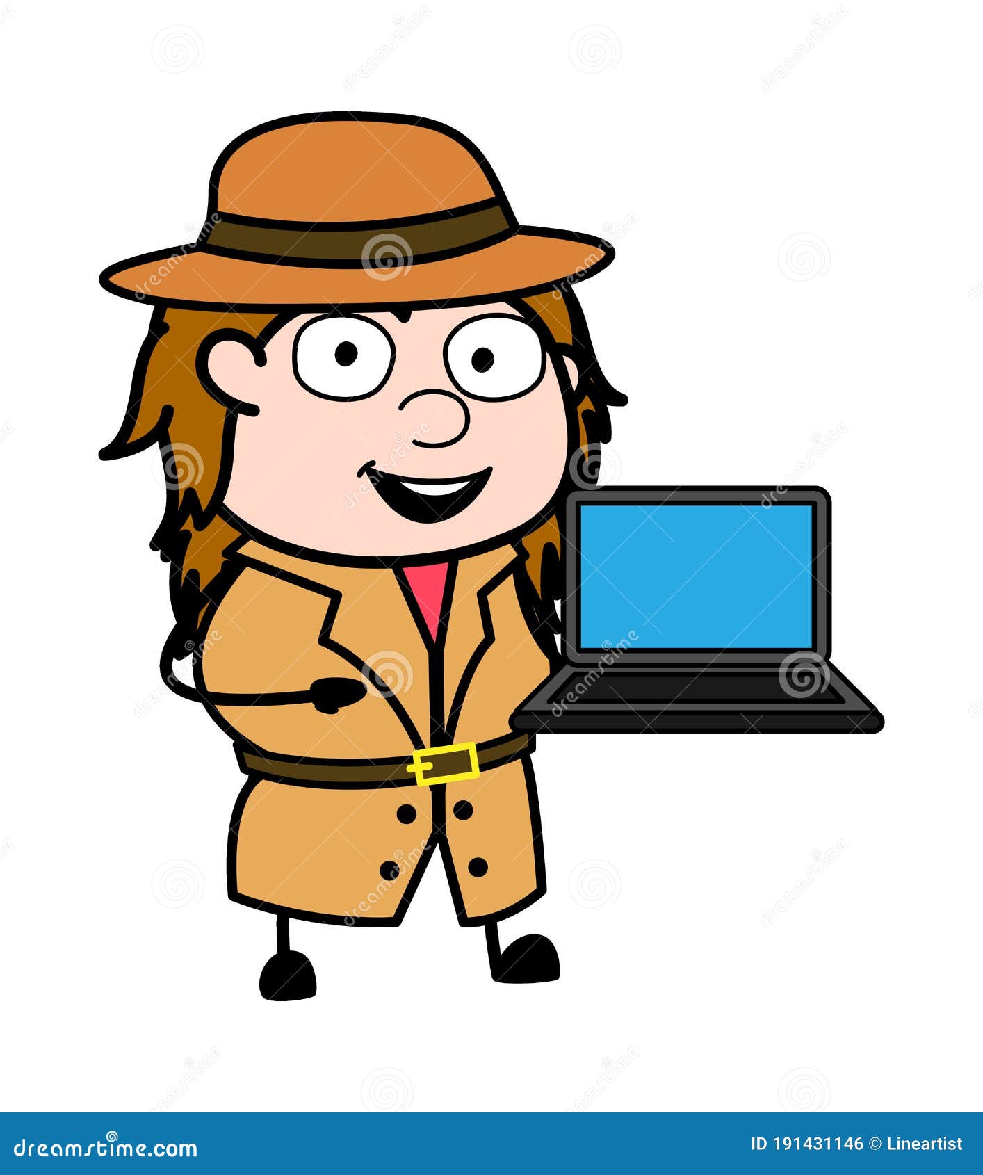 Cartoon Investigator Presentation on Laptop Stock Illustration ...