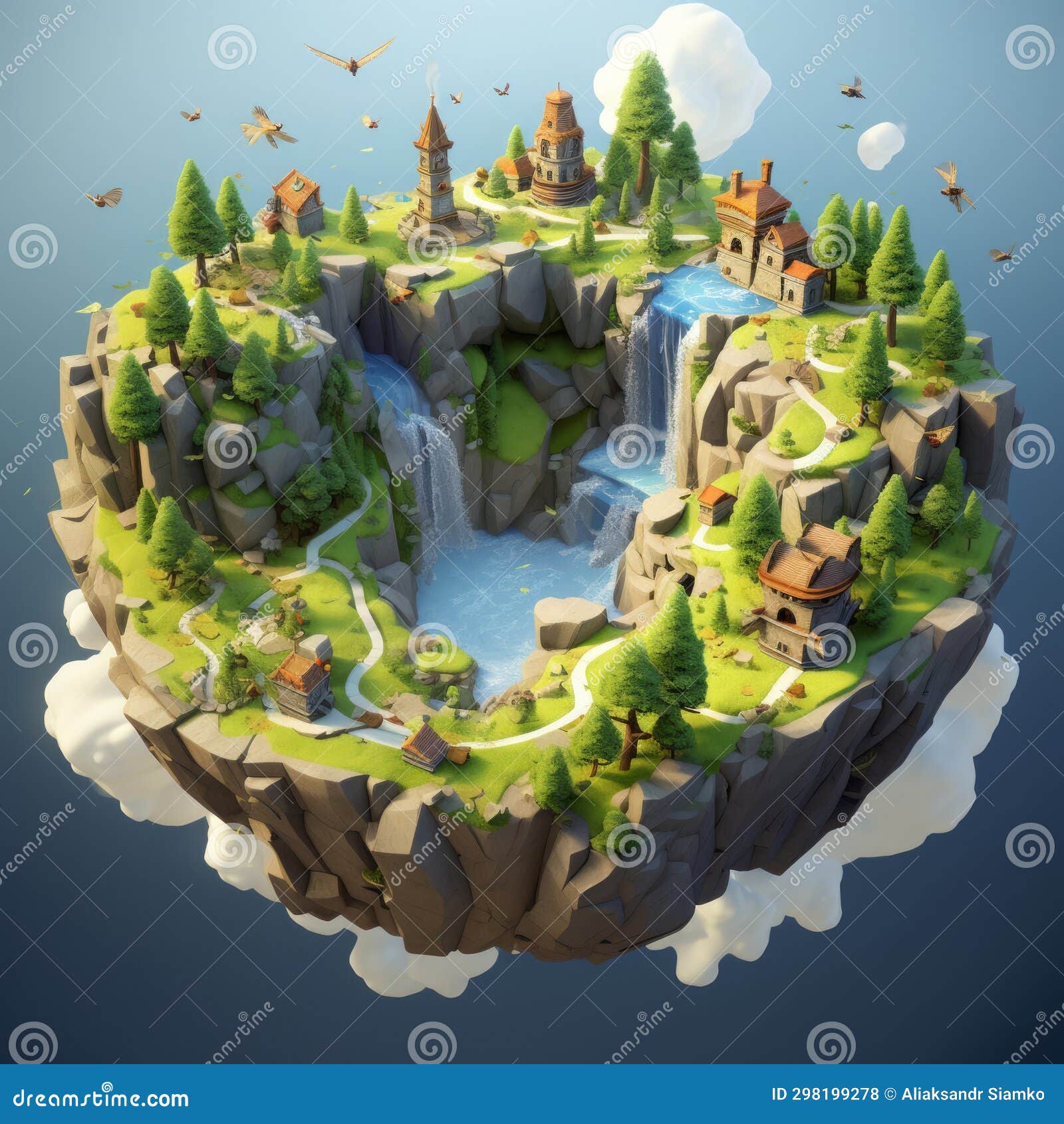 A Cartoon Island with a Waterfall and Buildings Stock Illustration ...