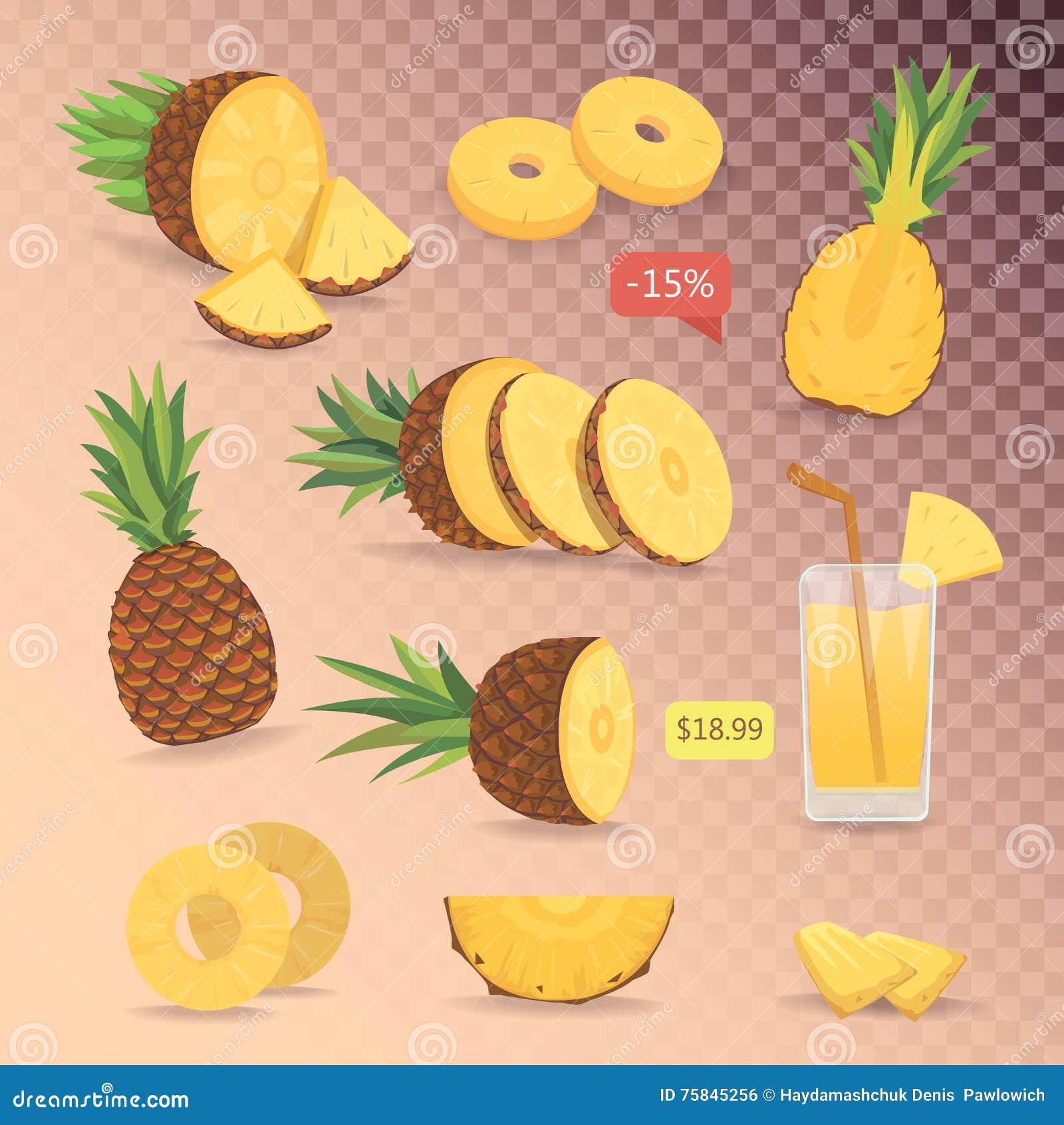 Cartoon Isolated Set of Cute Pineapples. Collection Sliced Pineapple ...