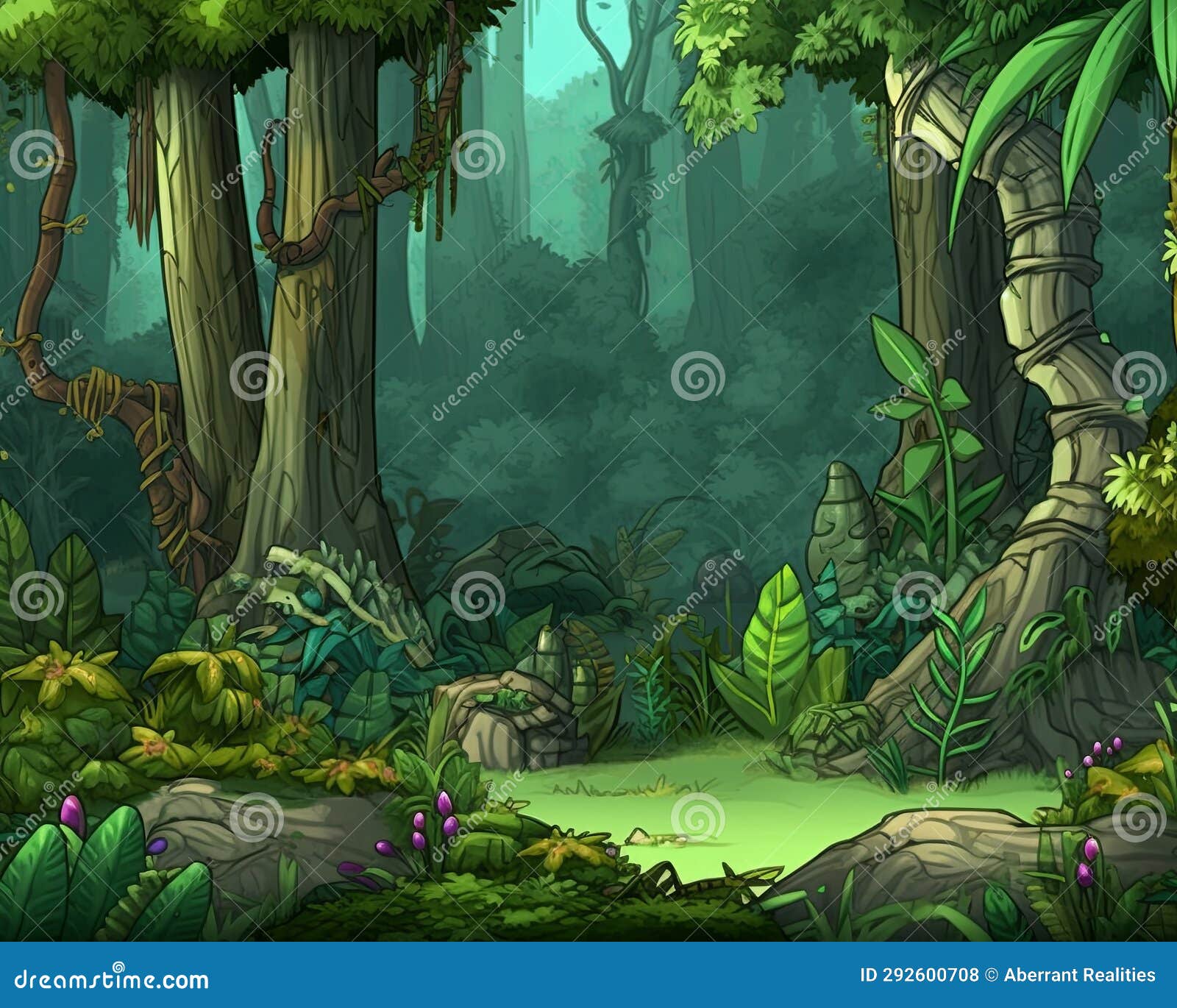 A Cartoon Jungle Scene with Lots of Plants and Trees Stock Illustration ...