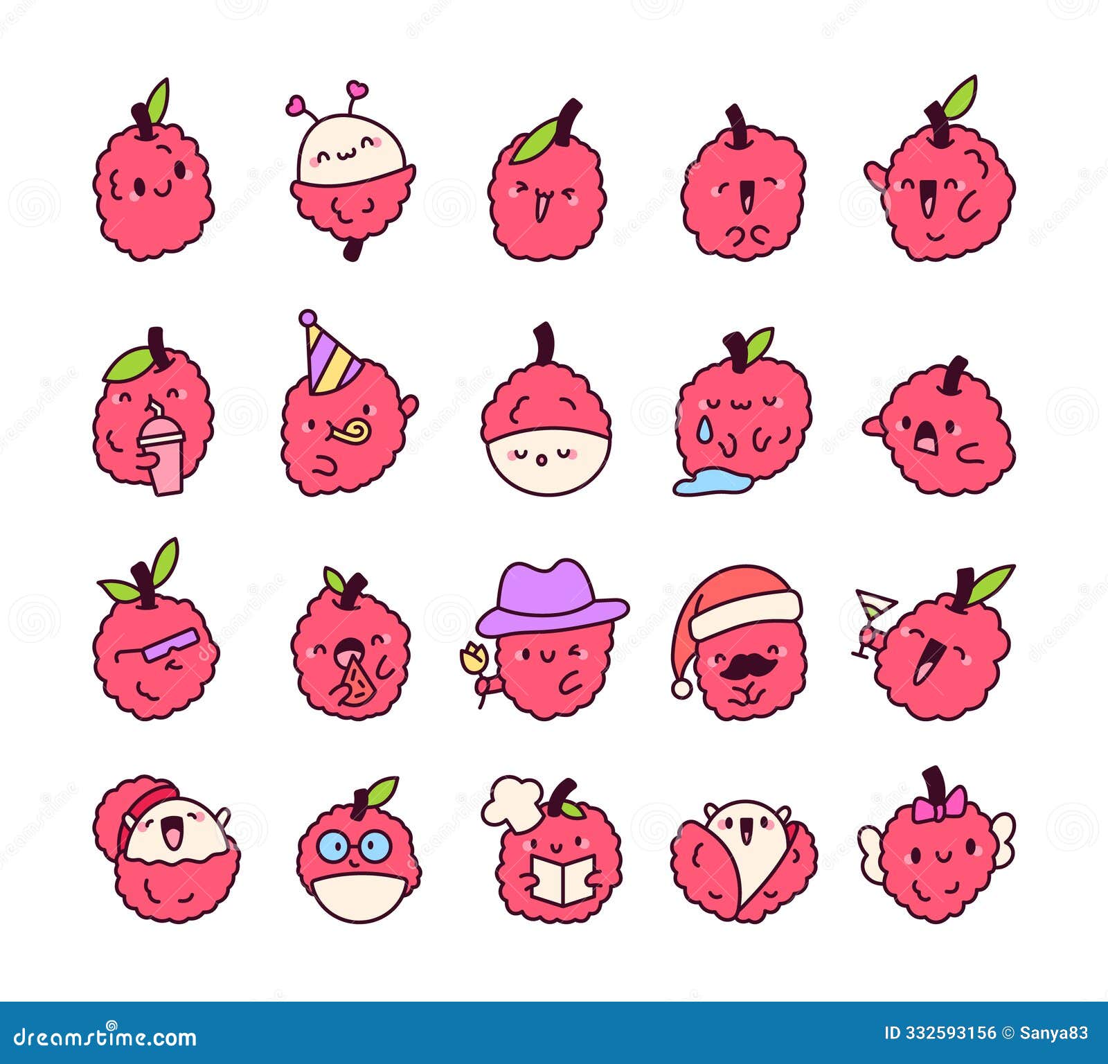 Cartoon Kawaii Lychee. Cute Fruit Tree Character Stock Illustration ...
