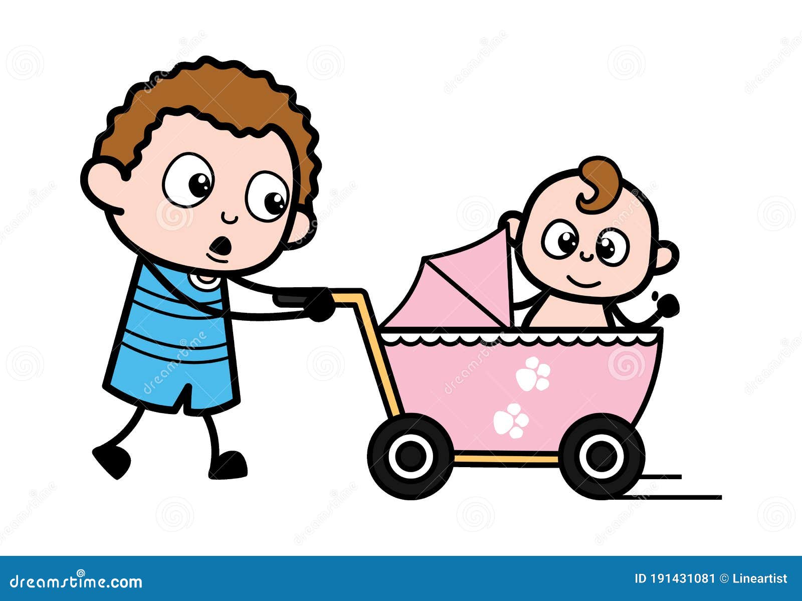 Cartoon Kid with Baby Stroller Stock Illustration - Illustration of ...