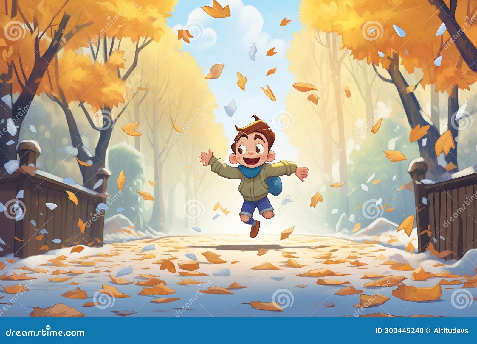 A Cartoon Kid Catching Falling, Frost-covered Leaves on a Path Stock ...