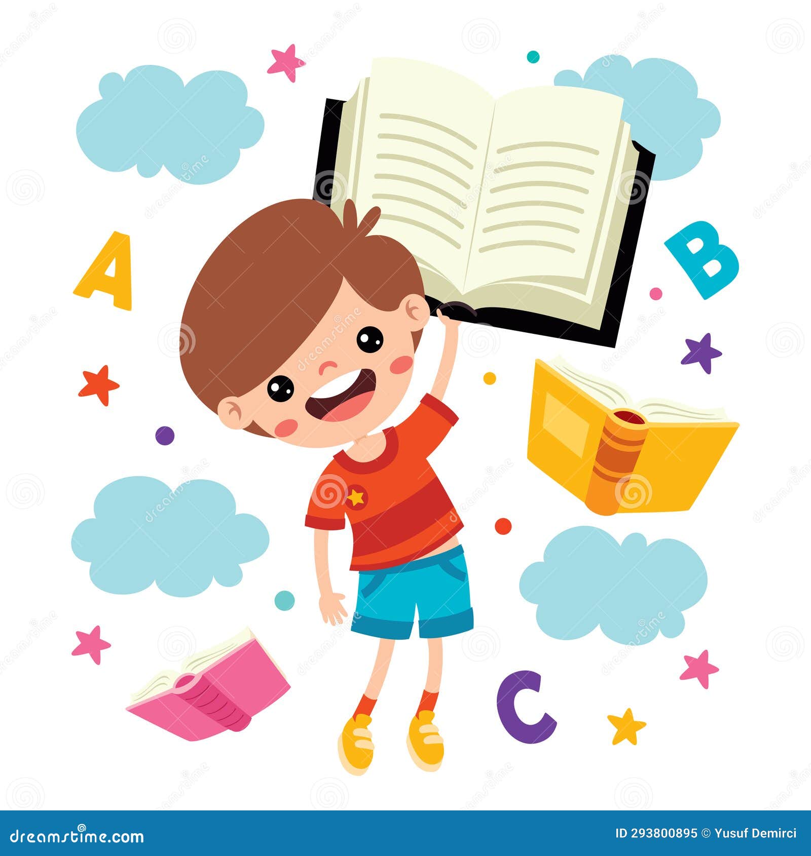 Cartoon Kid Flying with Book Stock Vector - Illustration of child ...