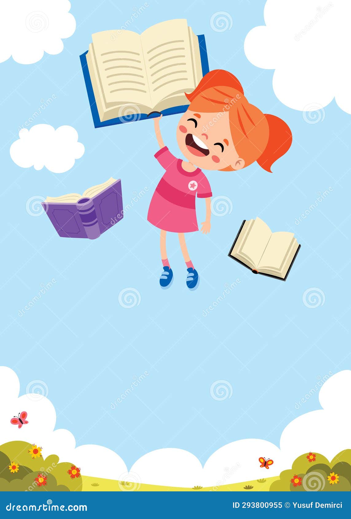 Cartoon Kid Flying with Book Stock Vector - Illustration of book ...