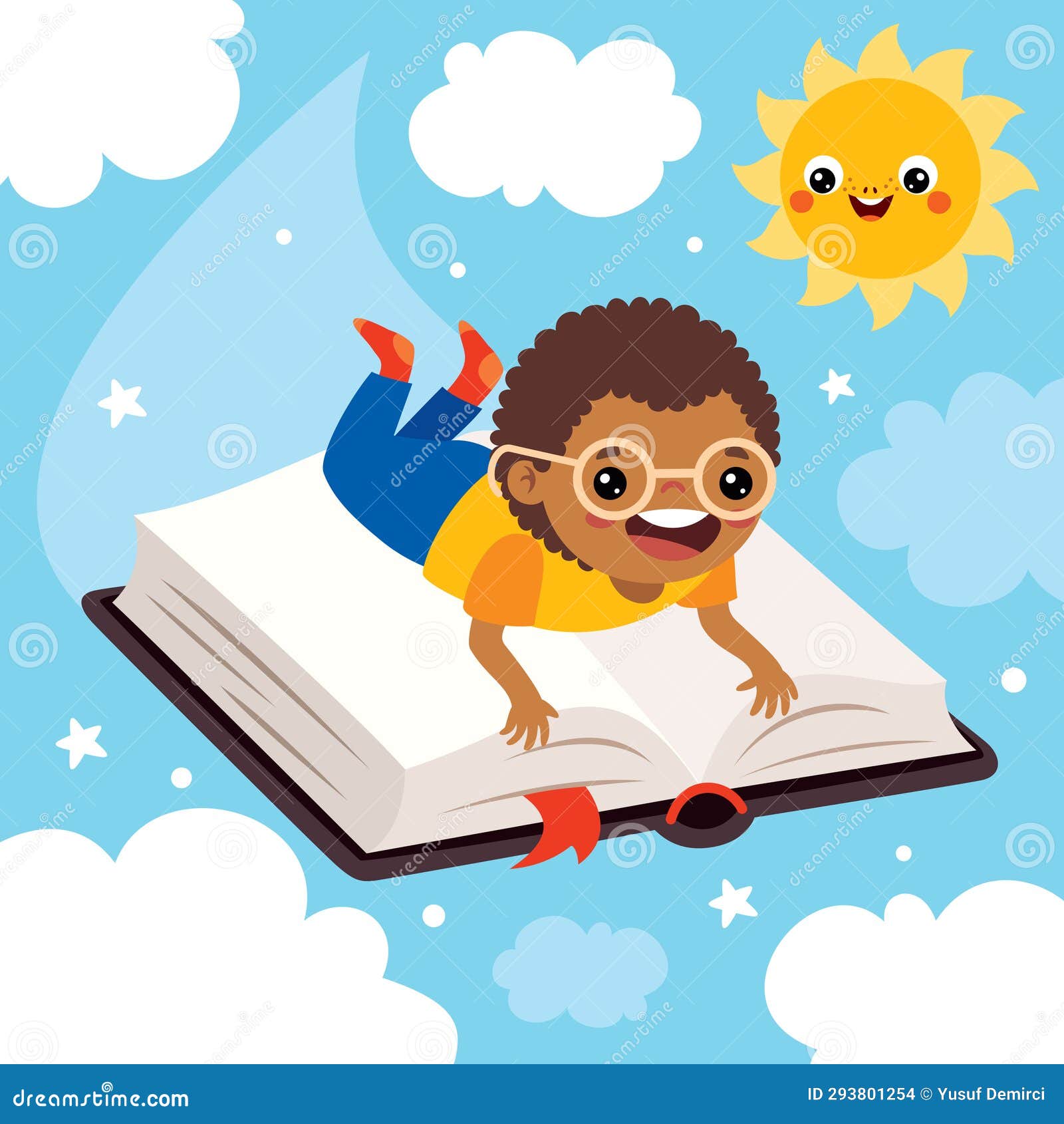 Cartoon Kid Flying with Book Stock Vector - Illustration of read, open ...
