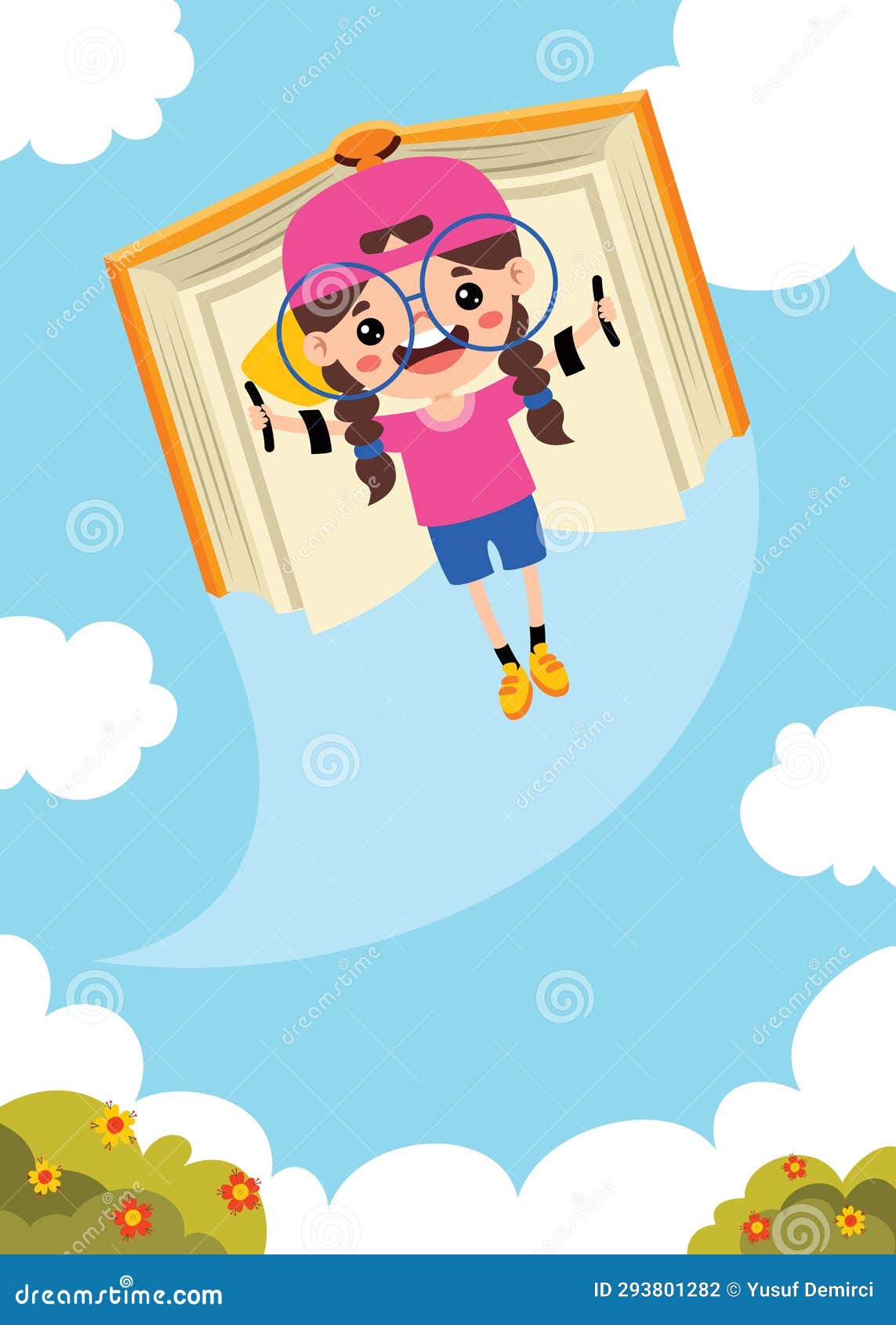 Cartoon Kid Flying with Book Stock Vector - Illustration of wings ...