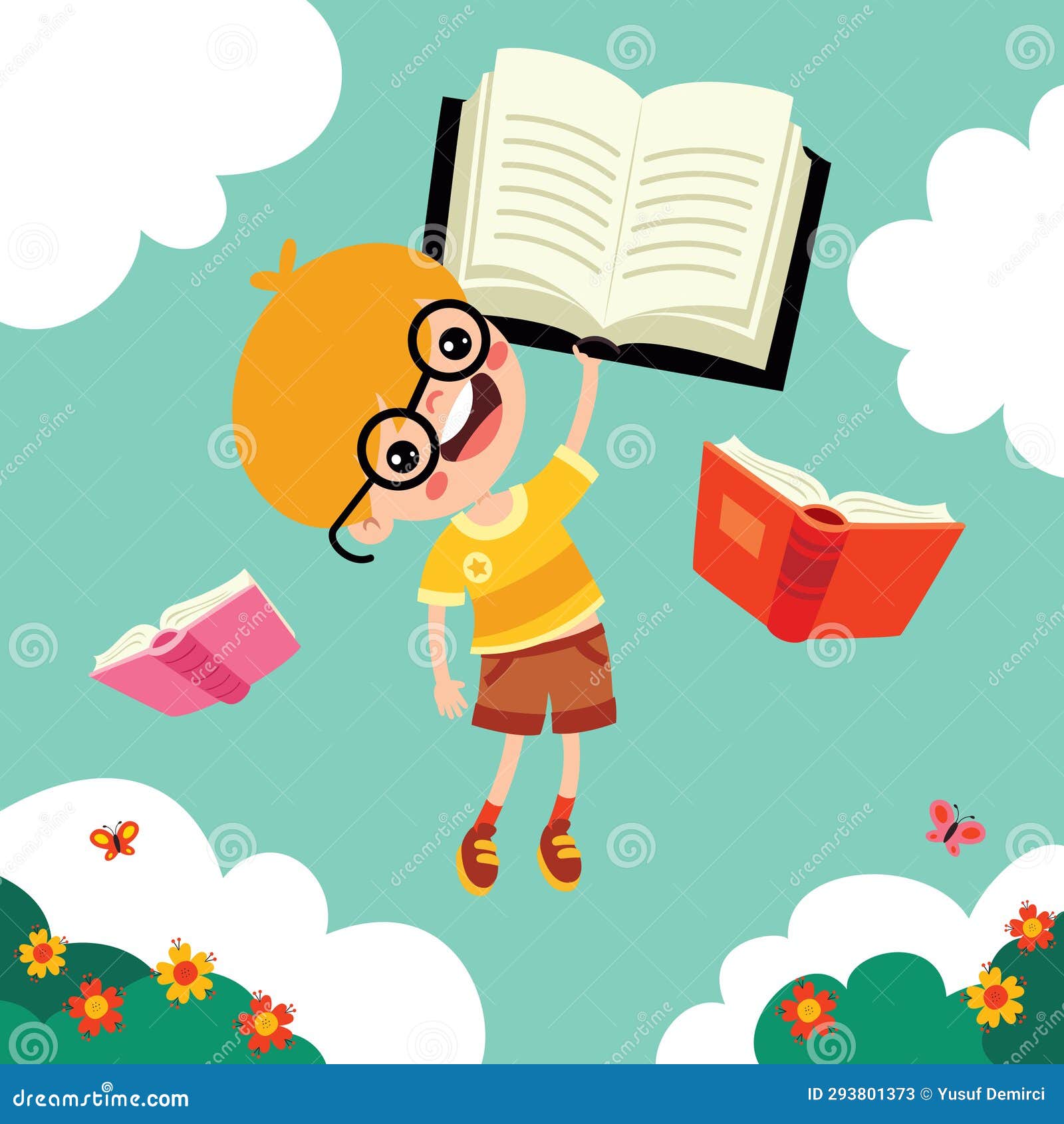 Cartoon Kid Flying with Book Stock Vector - Illustration of girl, fairy ...