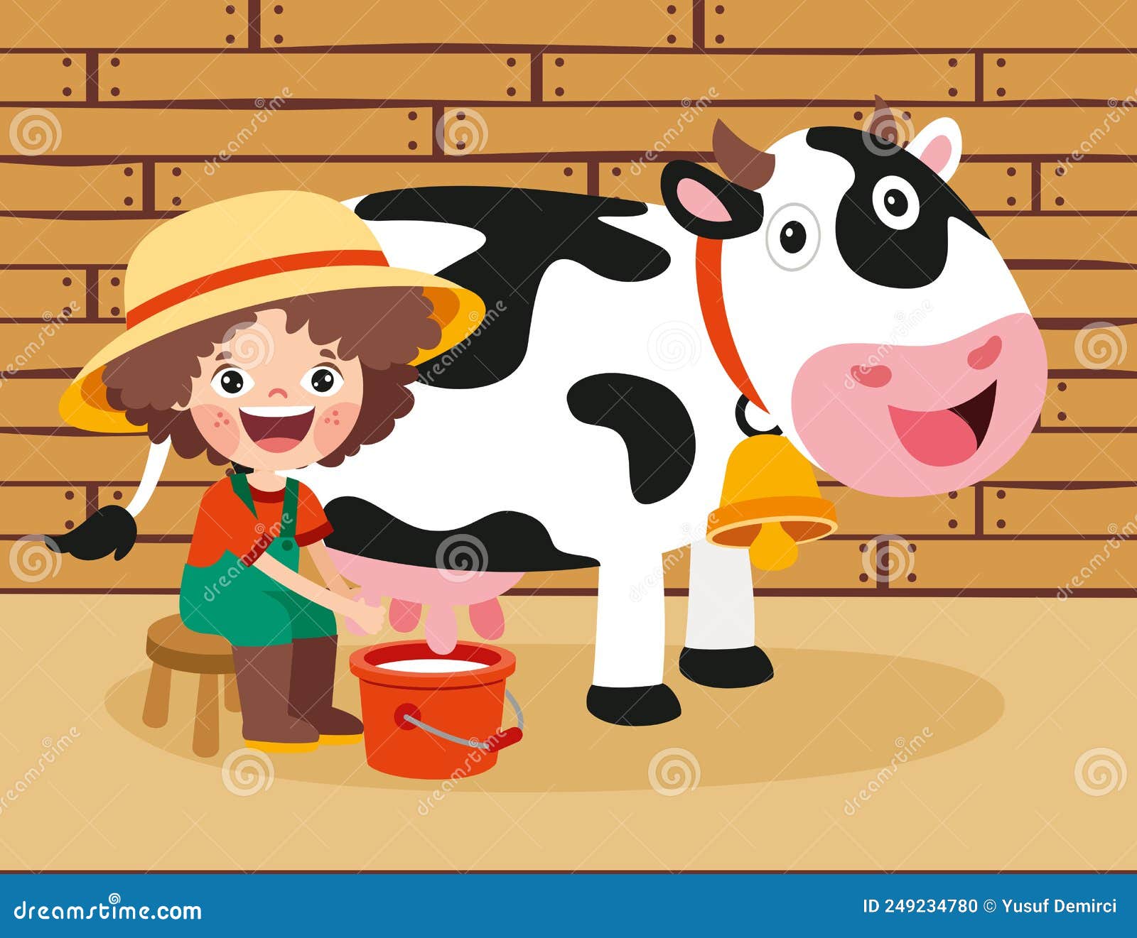 Cartoon Kid Milking a Cow stock vector. Illustration of farm - 249234780