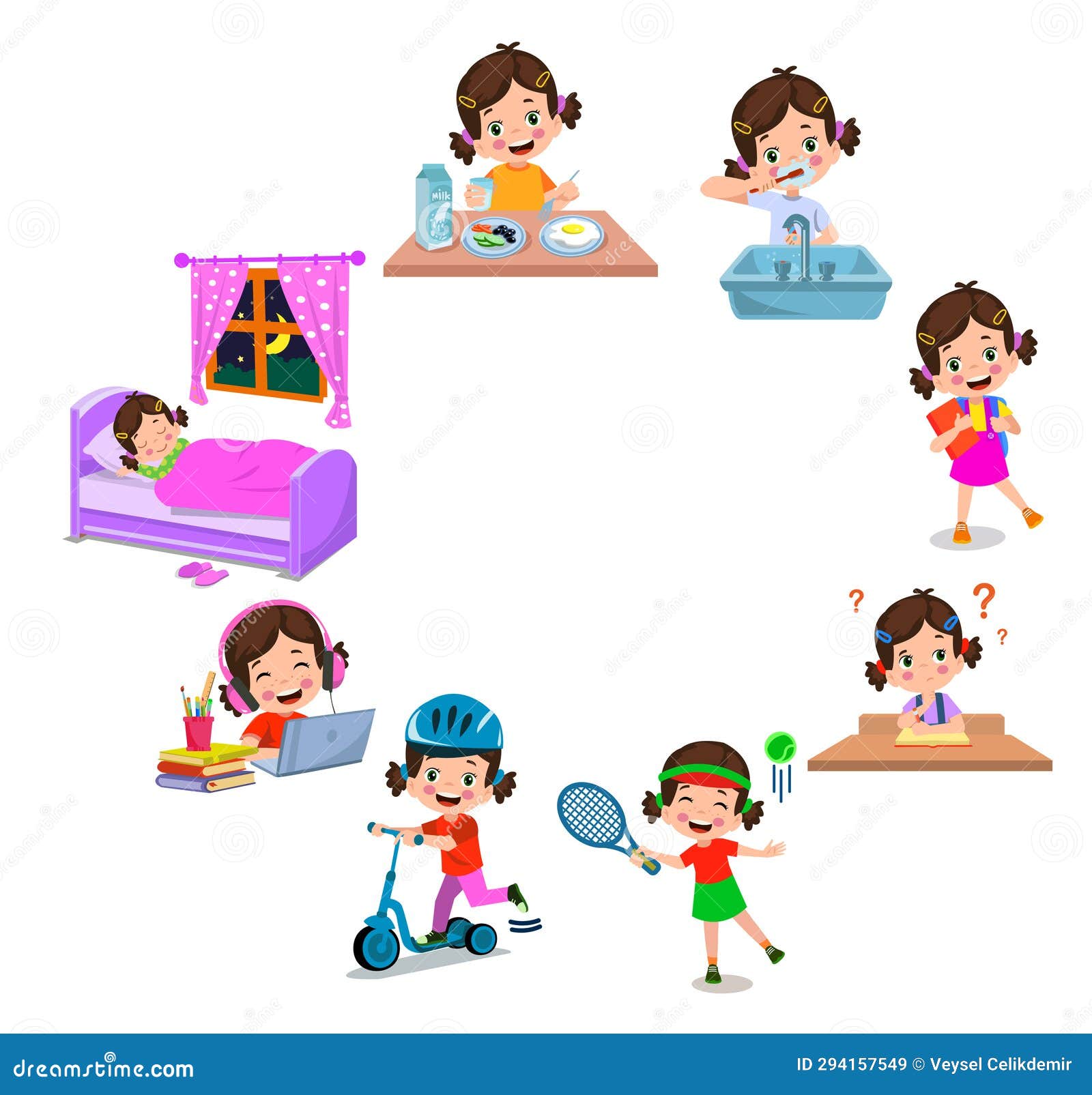 Cartoon Kid daily Routine Activities Set Stock Illustration ...