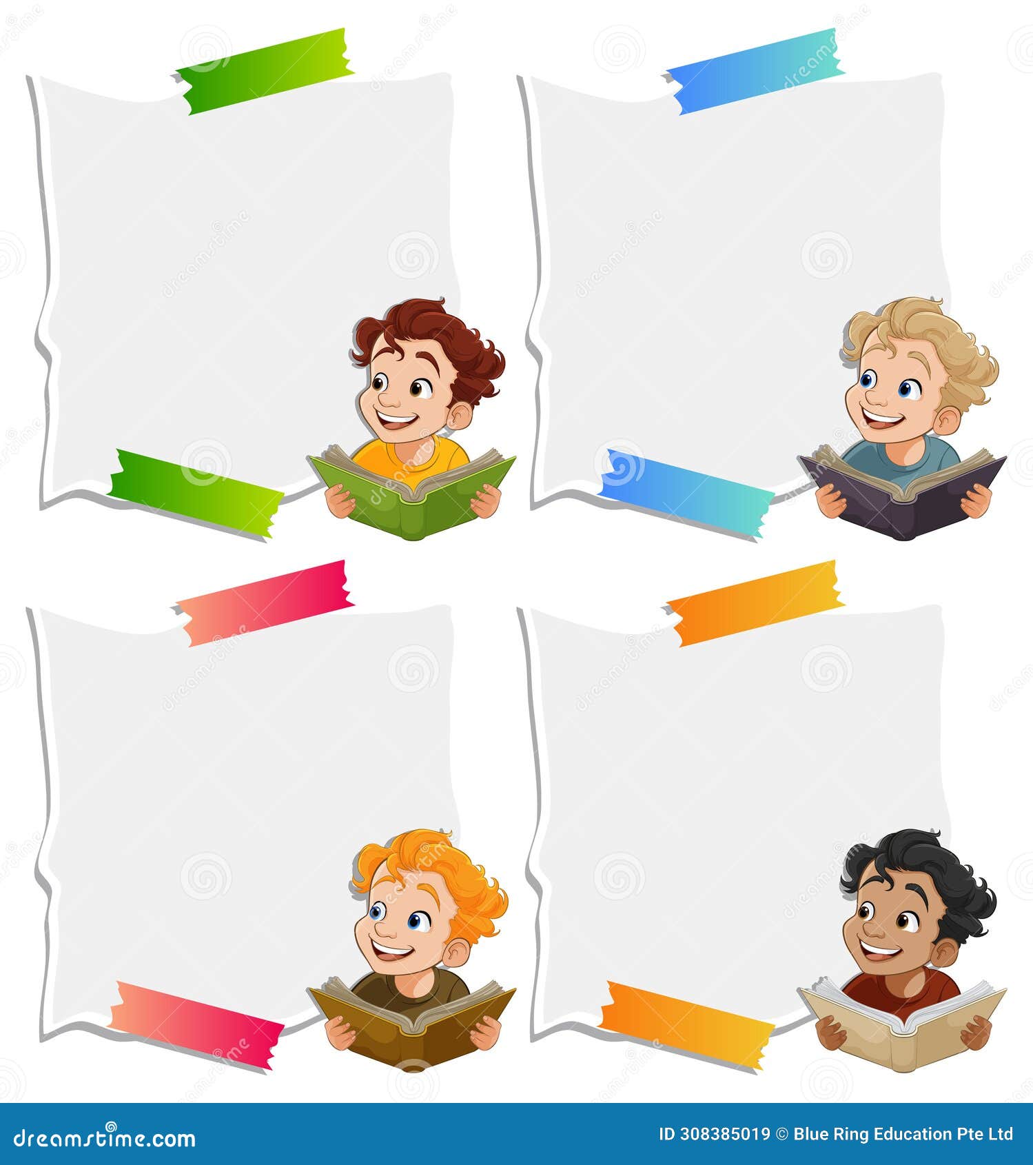 Kids Reading Books White Frame Stock Vector - Illustration of childhood ...