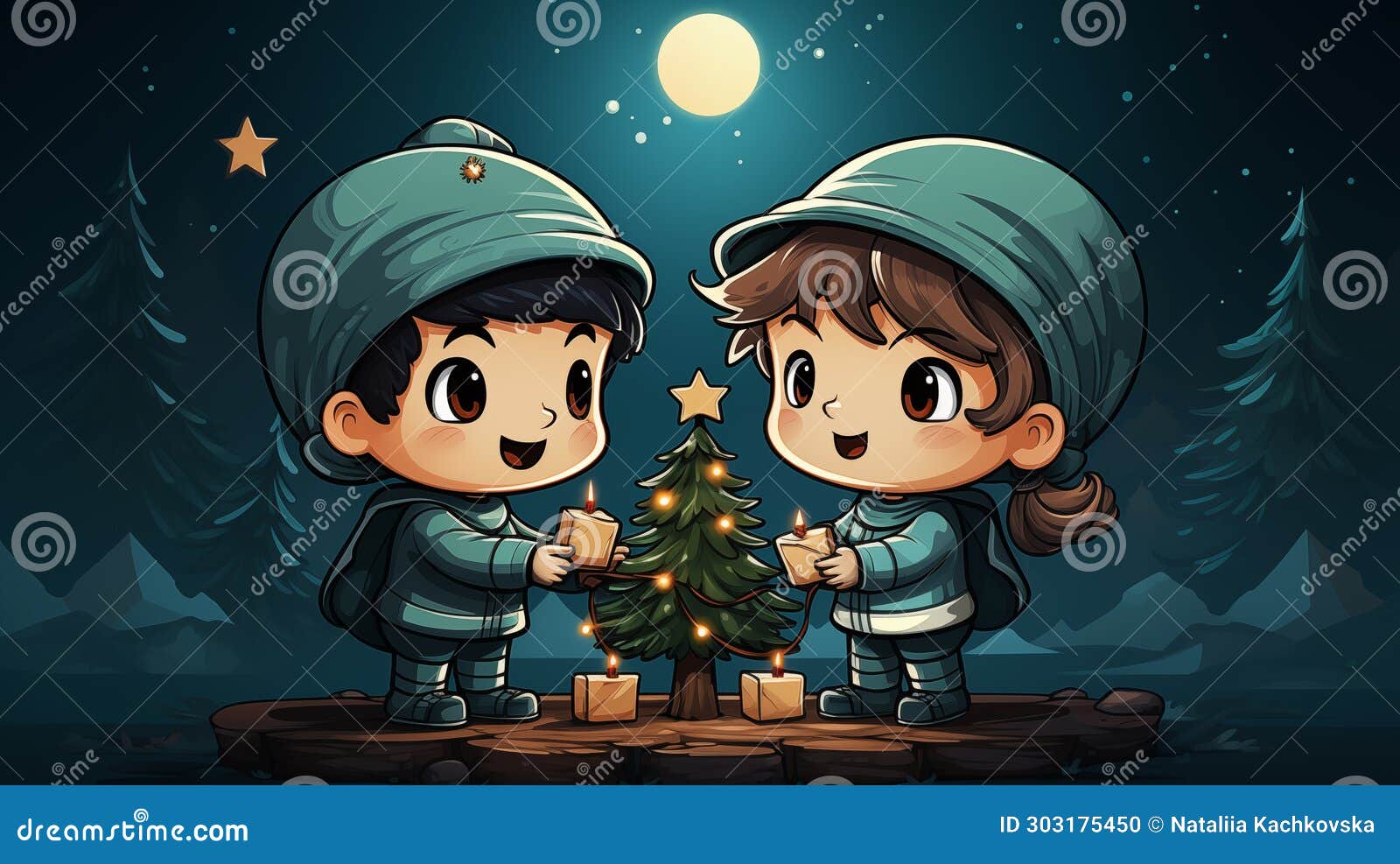 Cartoon Kids Decorating Christmas Tree Stock Photo - Image of couple ...