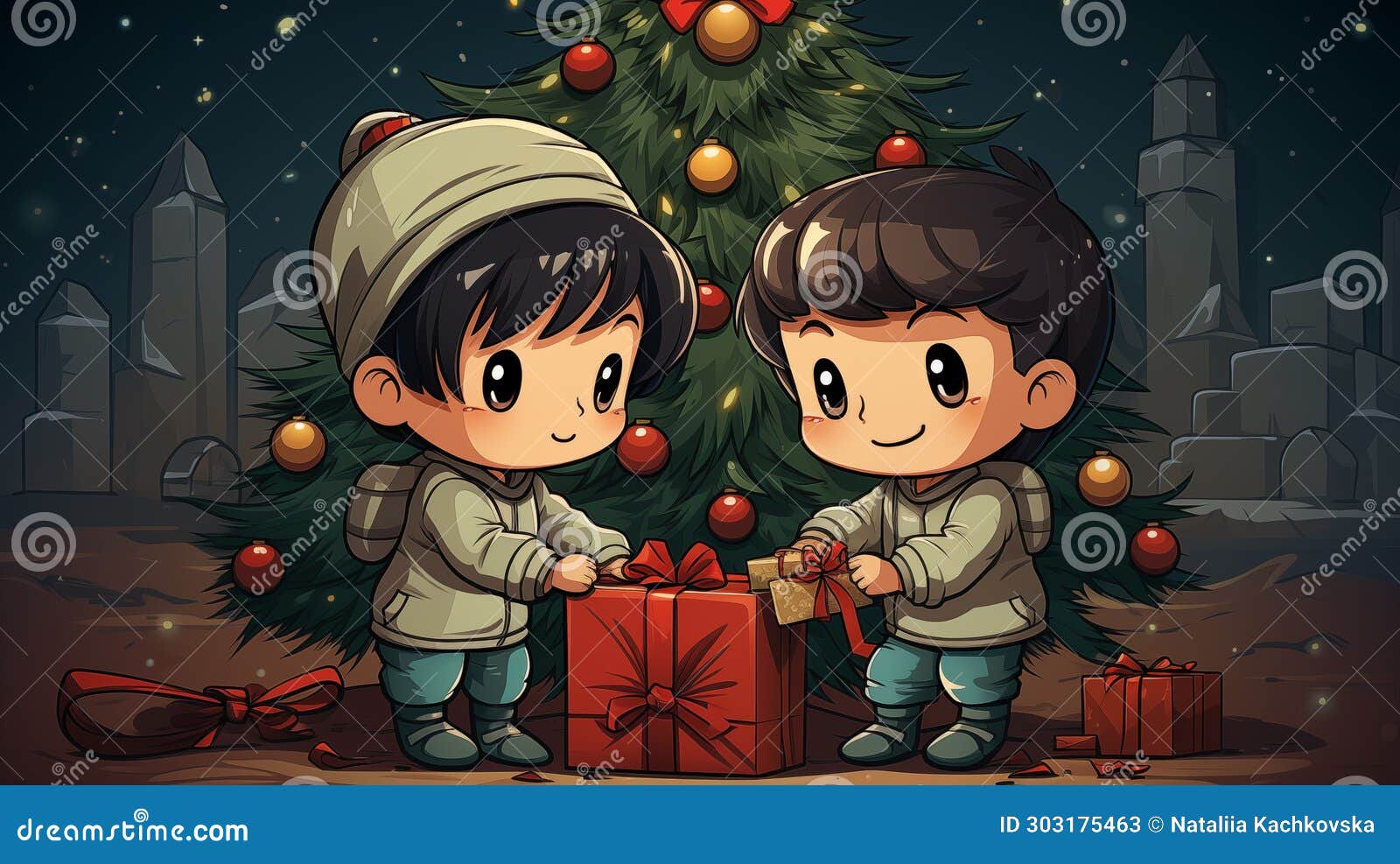 Cartoon Kids Decorating Chrismas Tree Stock Illustration - Illustration ...