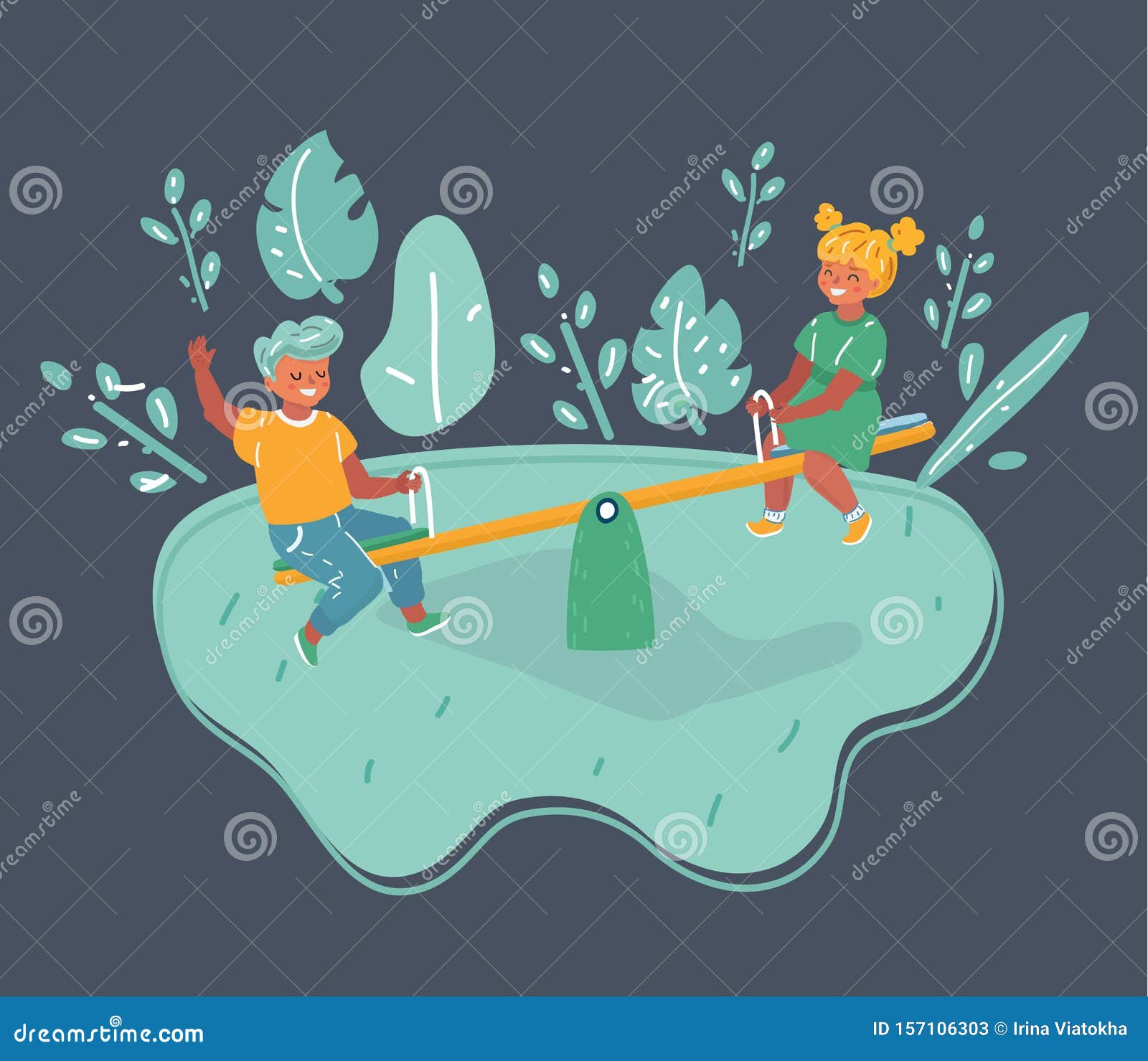 Cartoon Kids Playing Seesaw on Dark. Stock Vector - Illustration of ...
