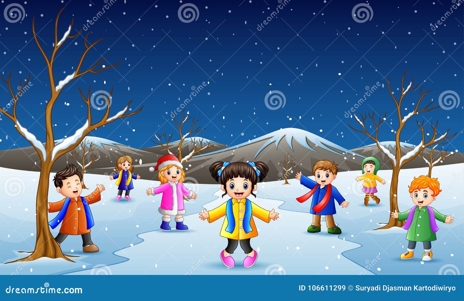 Cartoon Kids Playing in the Snow Stock Vector - Illustration of ...