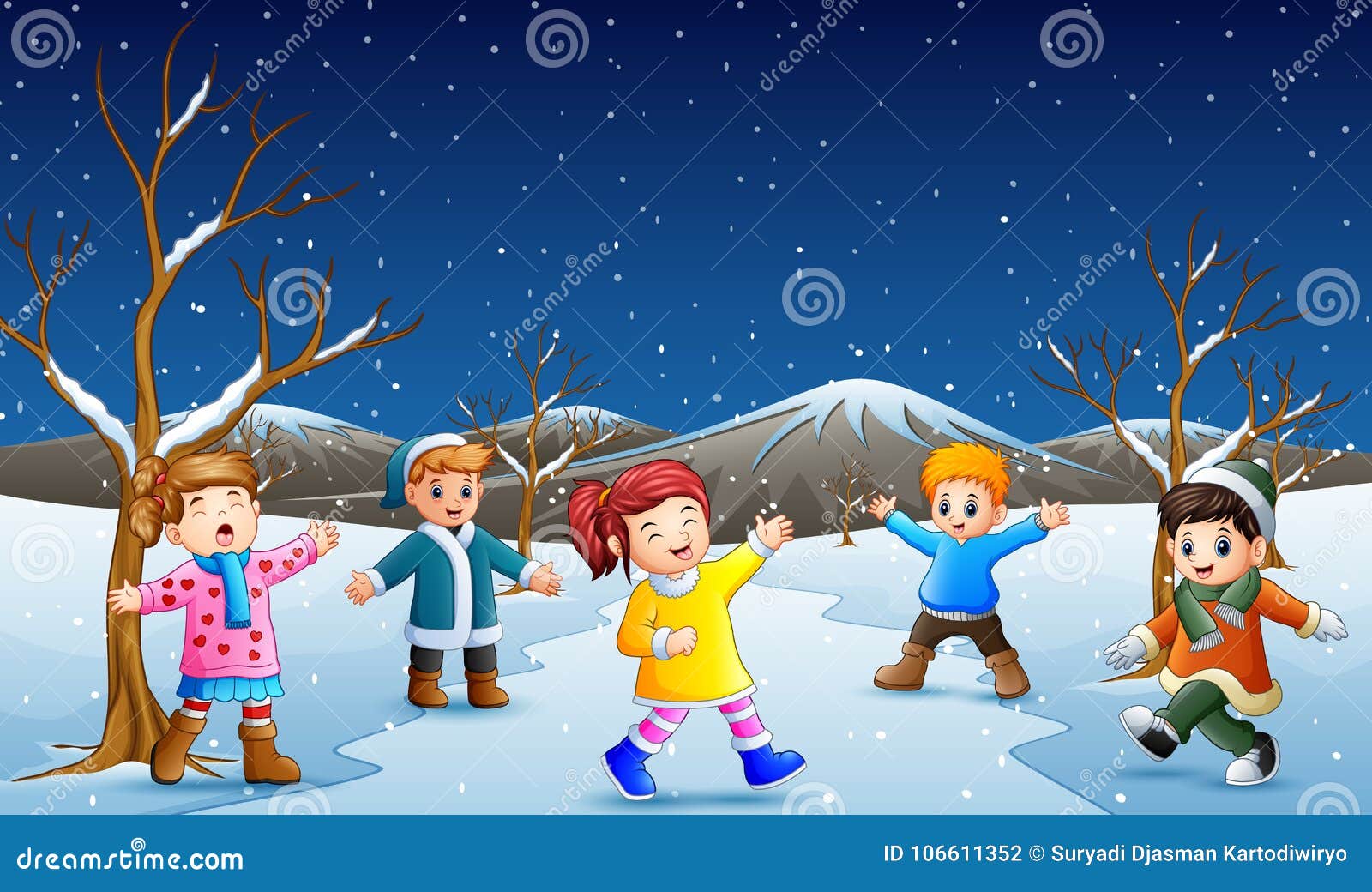 Cartoon Kids Playing in the Snow Stock Vector - Illustration of happy ...