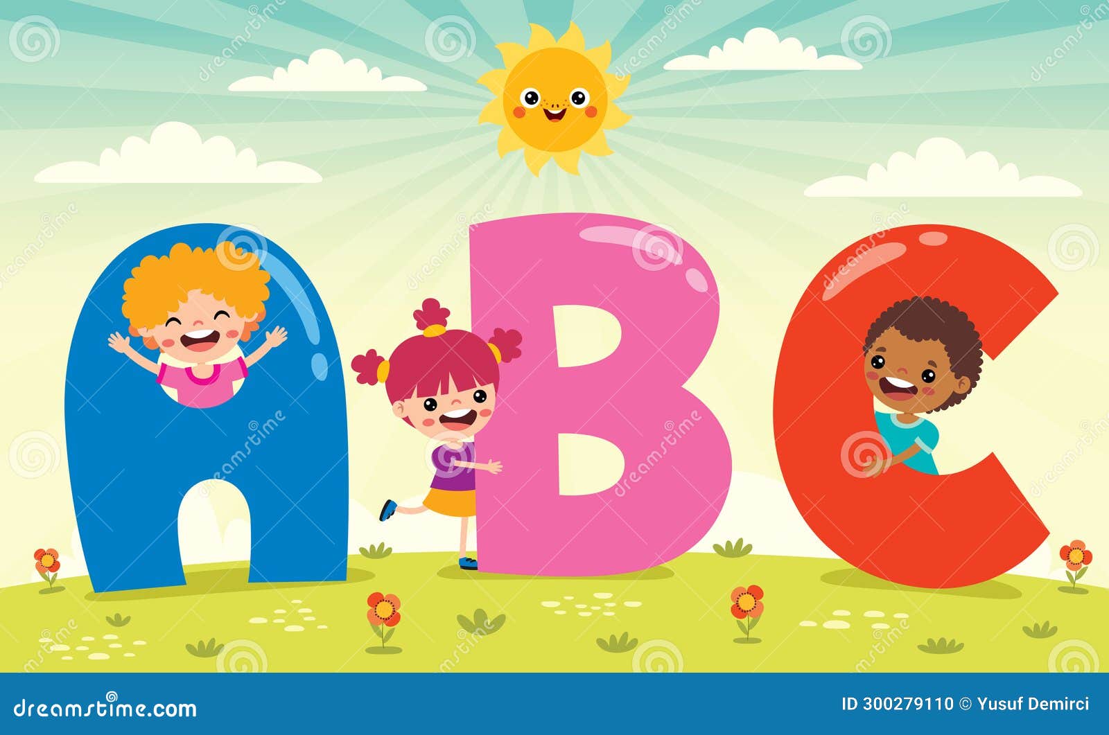 Cartoon Kids Posing with Alphabet Letter Stock Illustration ...