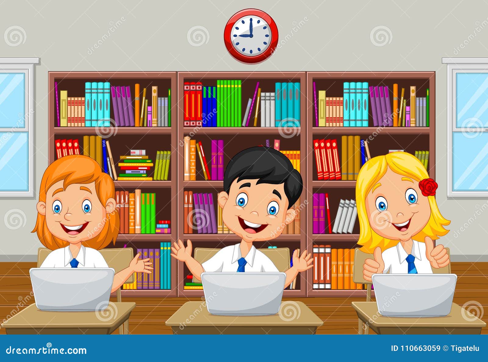 Cartoon Kids Study with Computer in the Class Room Stock Vector ...