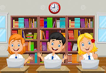 Cartoon Kids Study with Computer in the Class Room Stock Vector ...