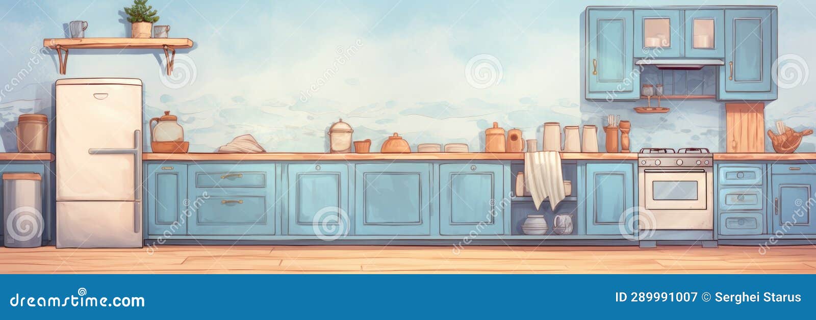 A Cartoon Kitchen with Blue Cabinets and Appliances, AI Stock ...
