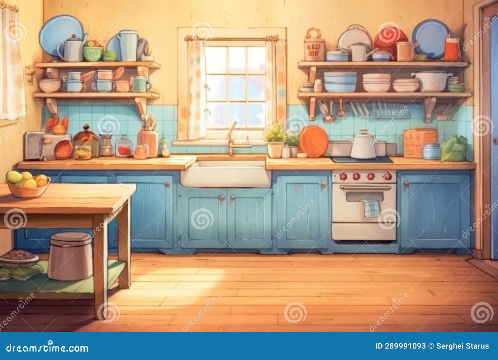 A Cartoon Kitchen with Blue Cabinets and a Stove, AI Stock Illustration ...