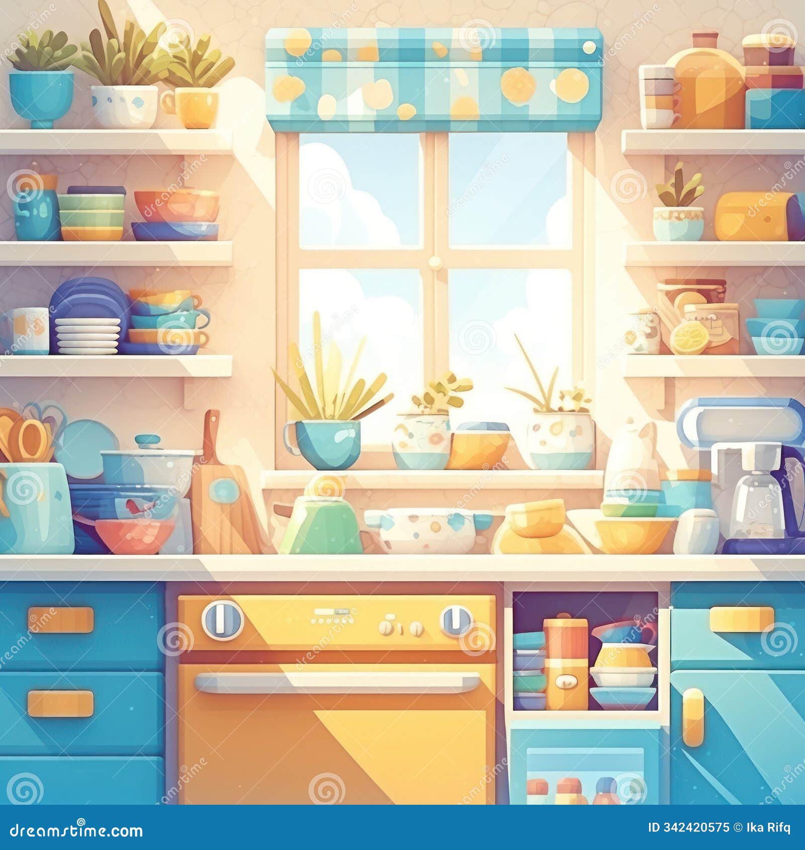 Cartoon Kitchen Illustration with Sunny Window Stock Illustration ...
