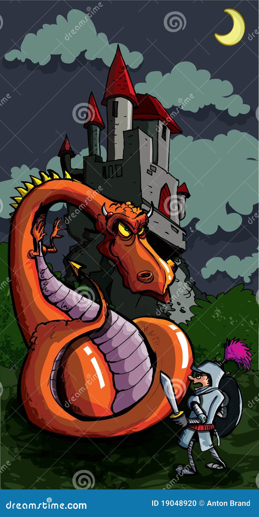 Cartoon of a Knight Facing a Fierce Dragon Stock Vector - Illustration ...