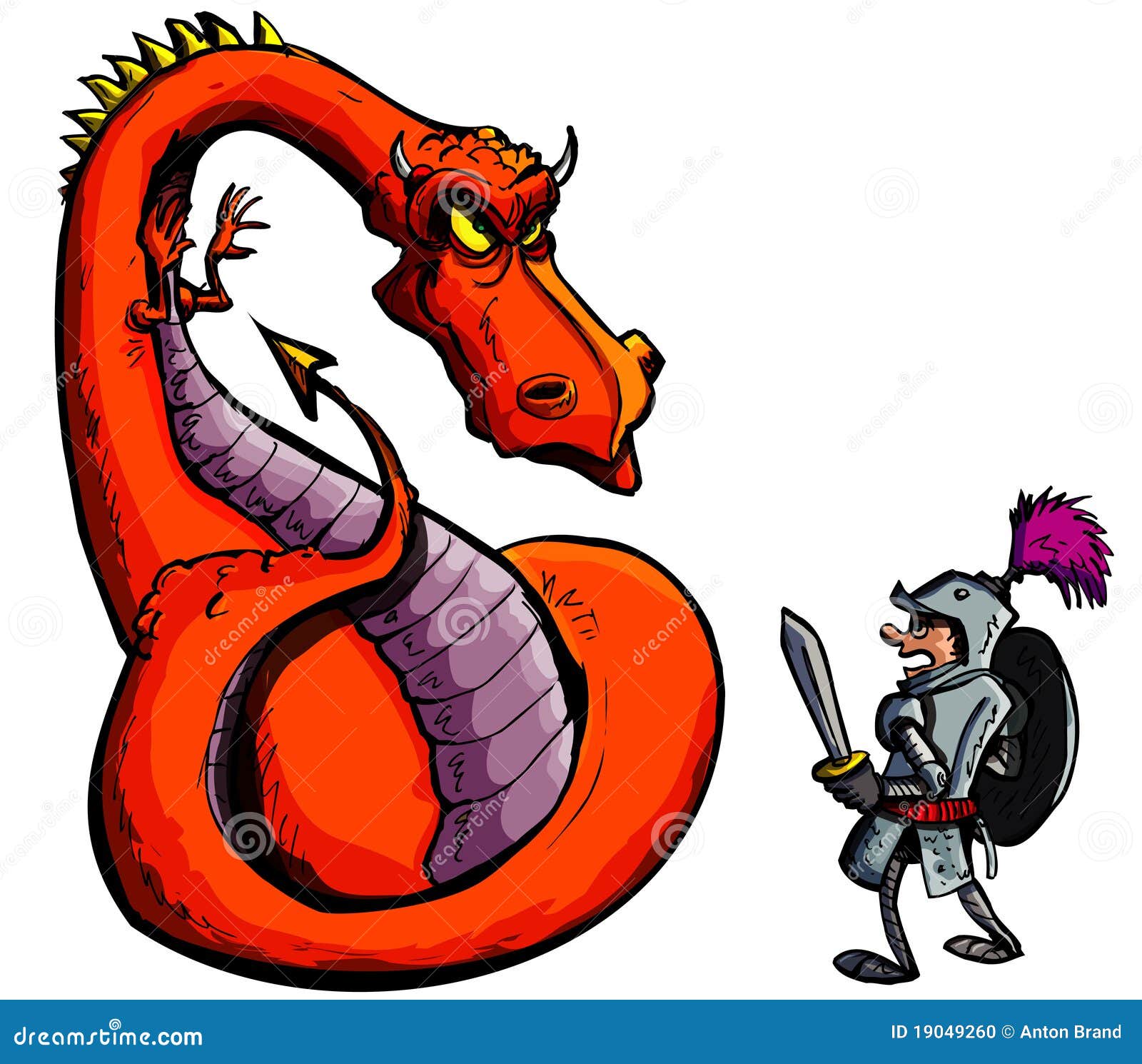 Cartoon of a Knight Facing a Fierce Dragon Stock Vector - Illustration ...