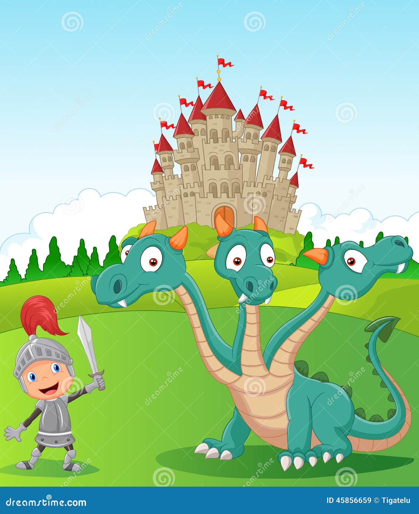 Cartoon Knight with Three Headed Dragon Stock Vector - Illustration of ...
