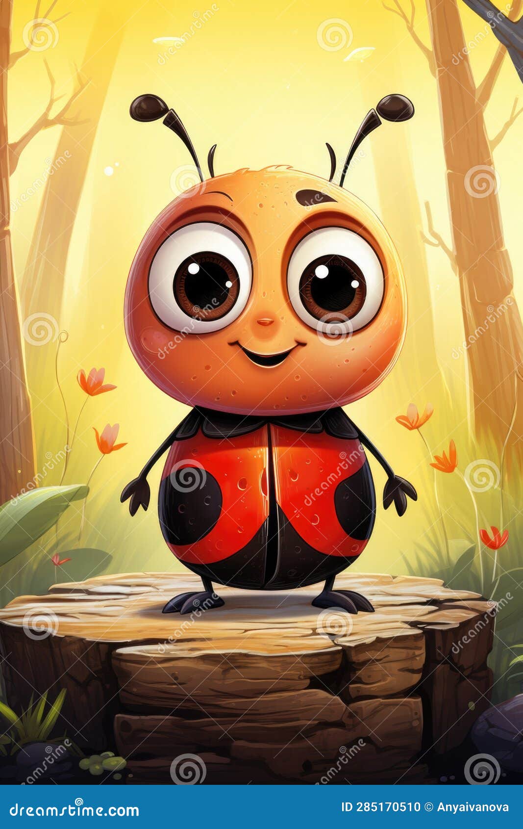 A Cartoon Lady Bug Standing on a Tree Stump. Stock Illustration ...