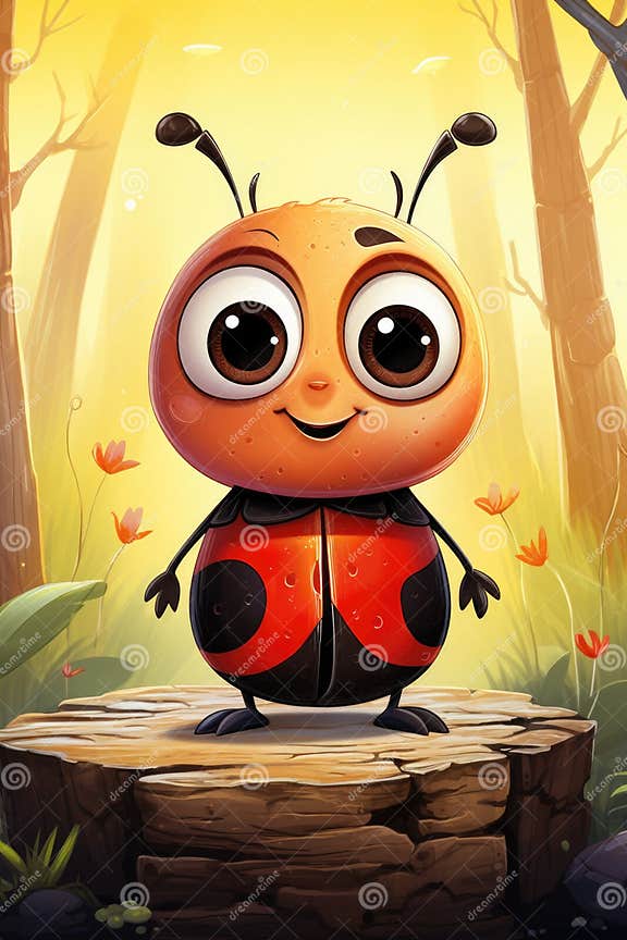 A Cartoon Lady Bug Standing on a Tree Stump. Stock Illustration ...