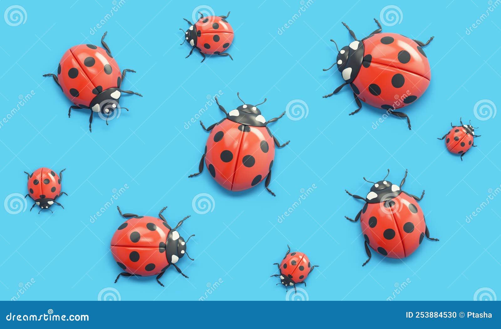 Cartoon Ladybugs on Blue Background. Top View Stock Illustration ...