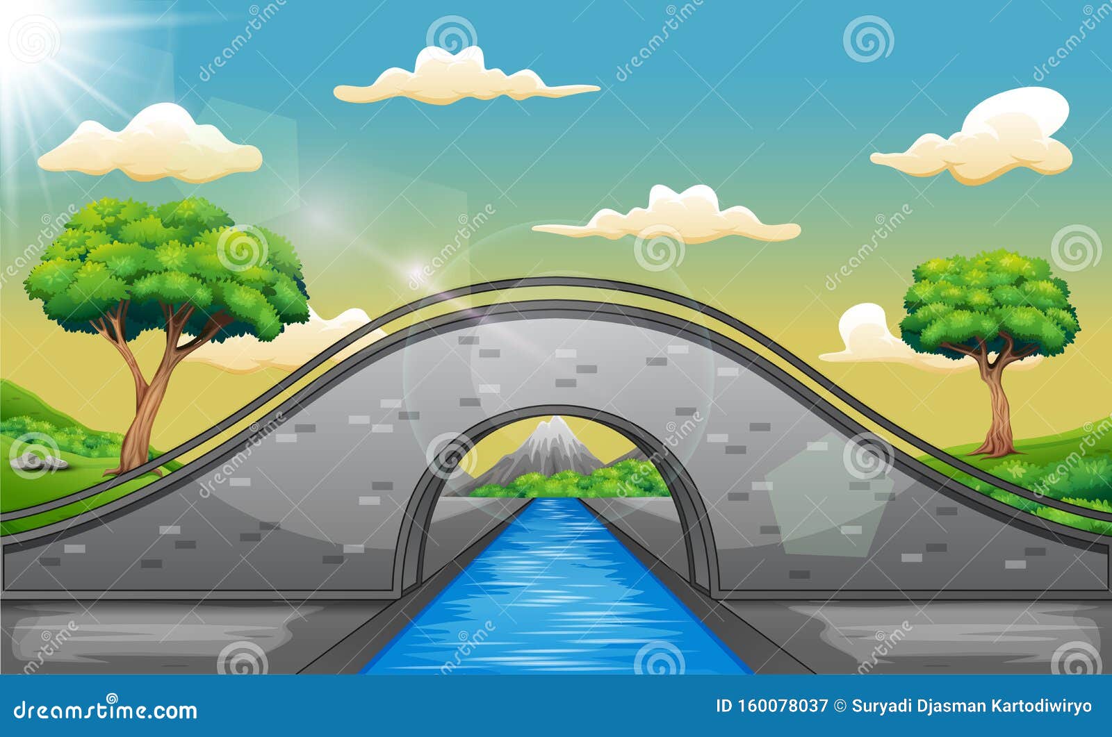 Cartoon Landscape With Arch Bridge And Mountains Background ...