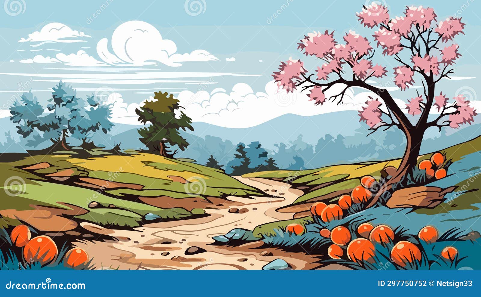 A Cartoon Landscape with a Dirt Road and Trees - Landscape of Easter ...