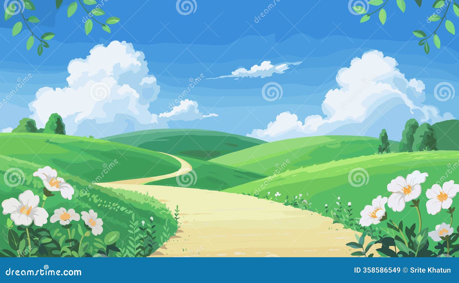 Cartoon Landscape with Green Hills and Path Stock Vector - Illustration ...