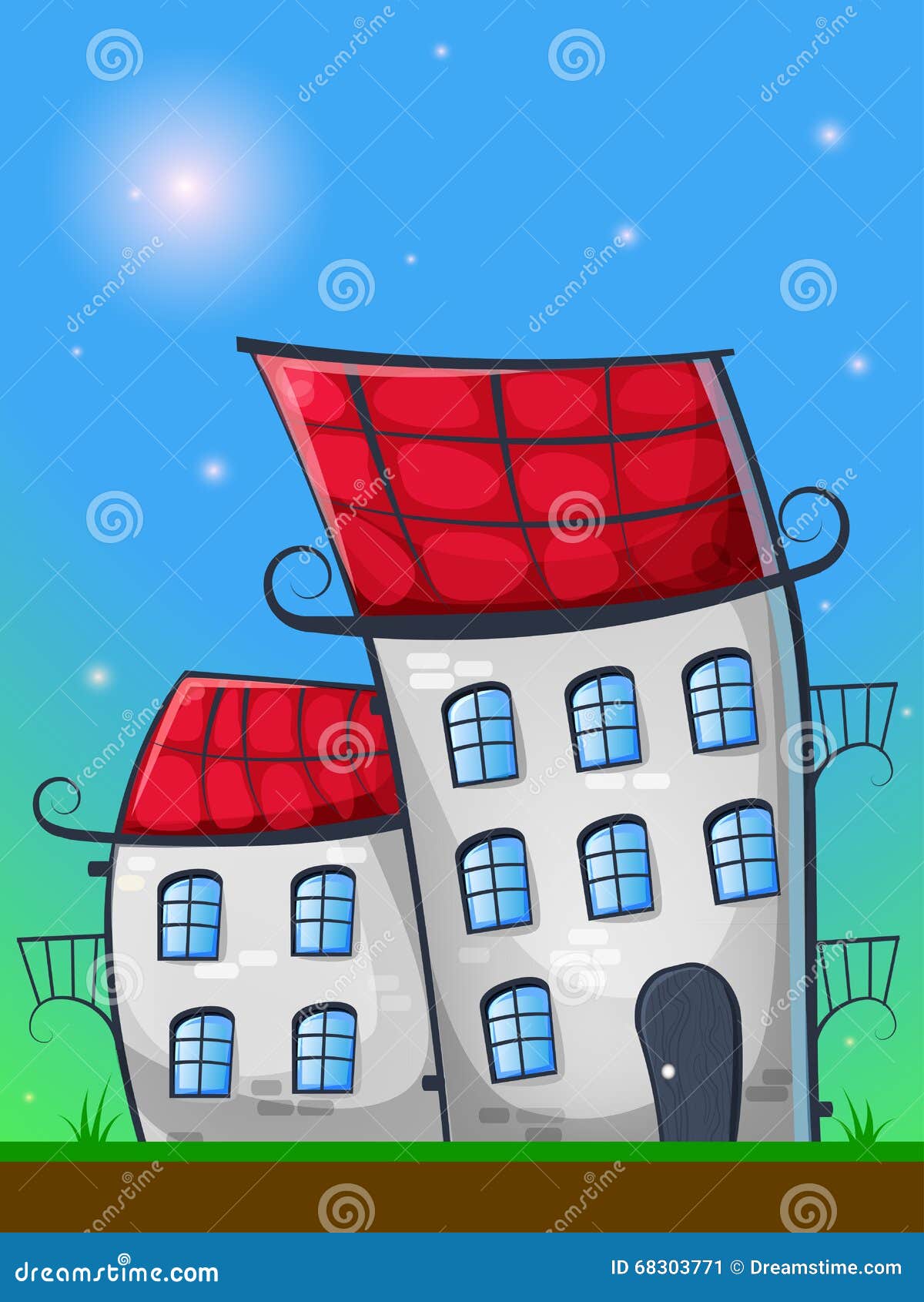 Cartoon Landscape with Houses in German Style, Grass, and Sun Stock ...