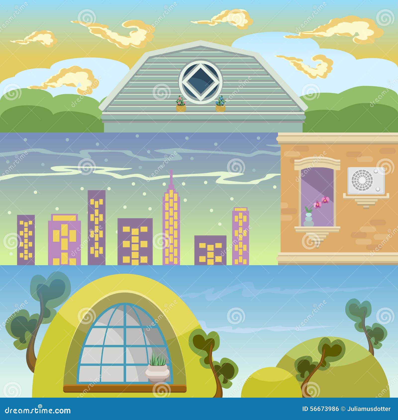 Cartoon Landscape with Houses, Windows, Clouds and Sky Stock Vector ...