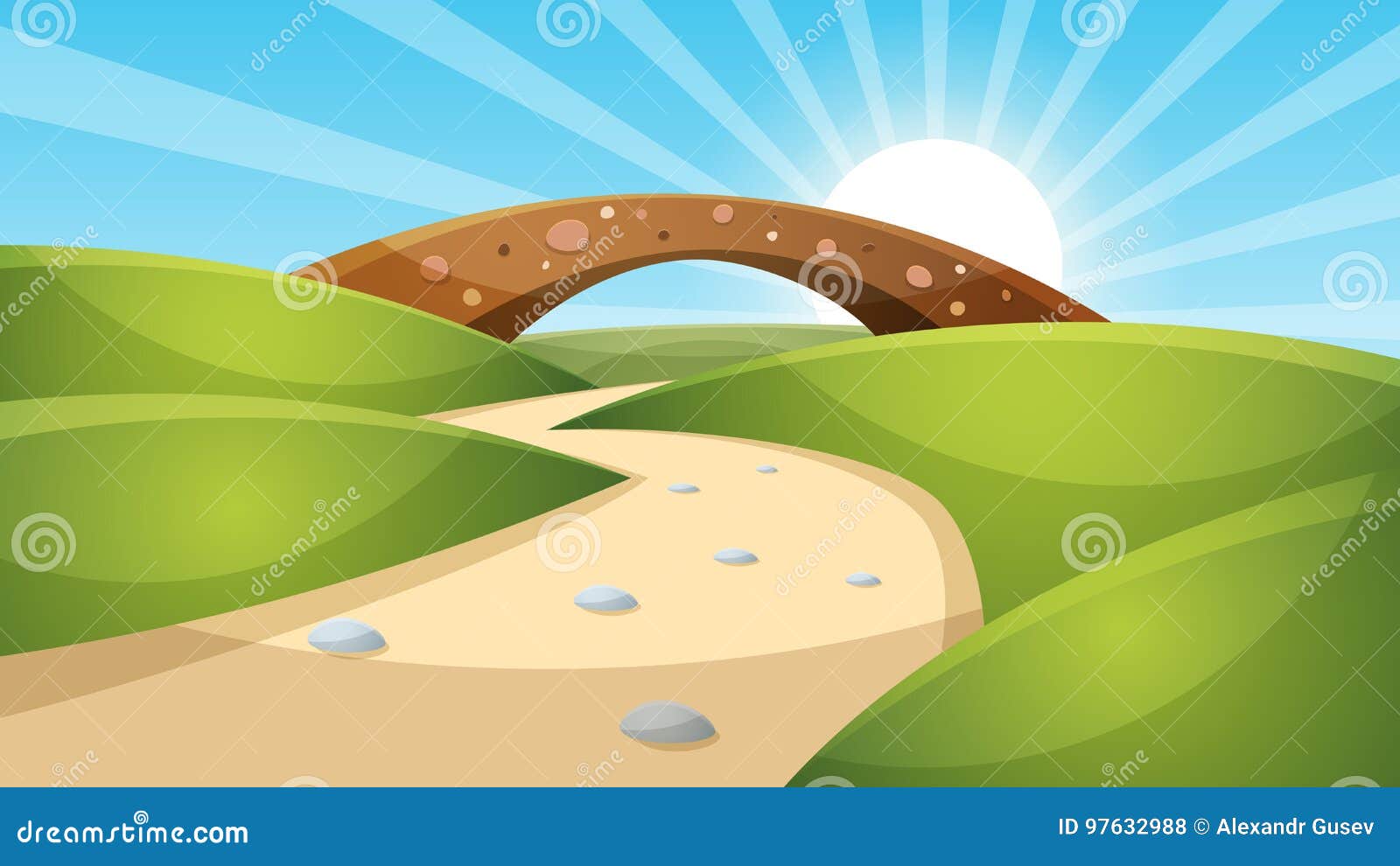 Cartoon Landscape Illustration. Sun. Cloud, Mountain, Hill. Stock ...
