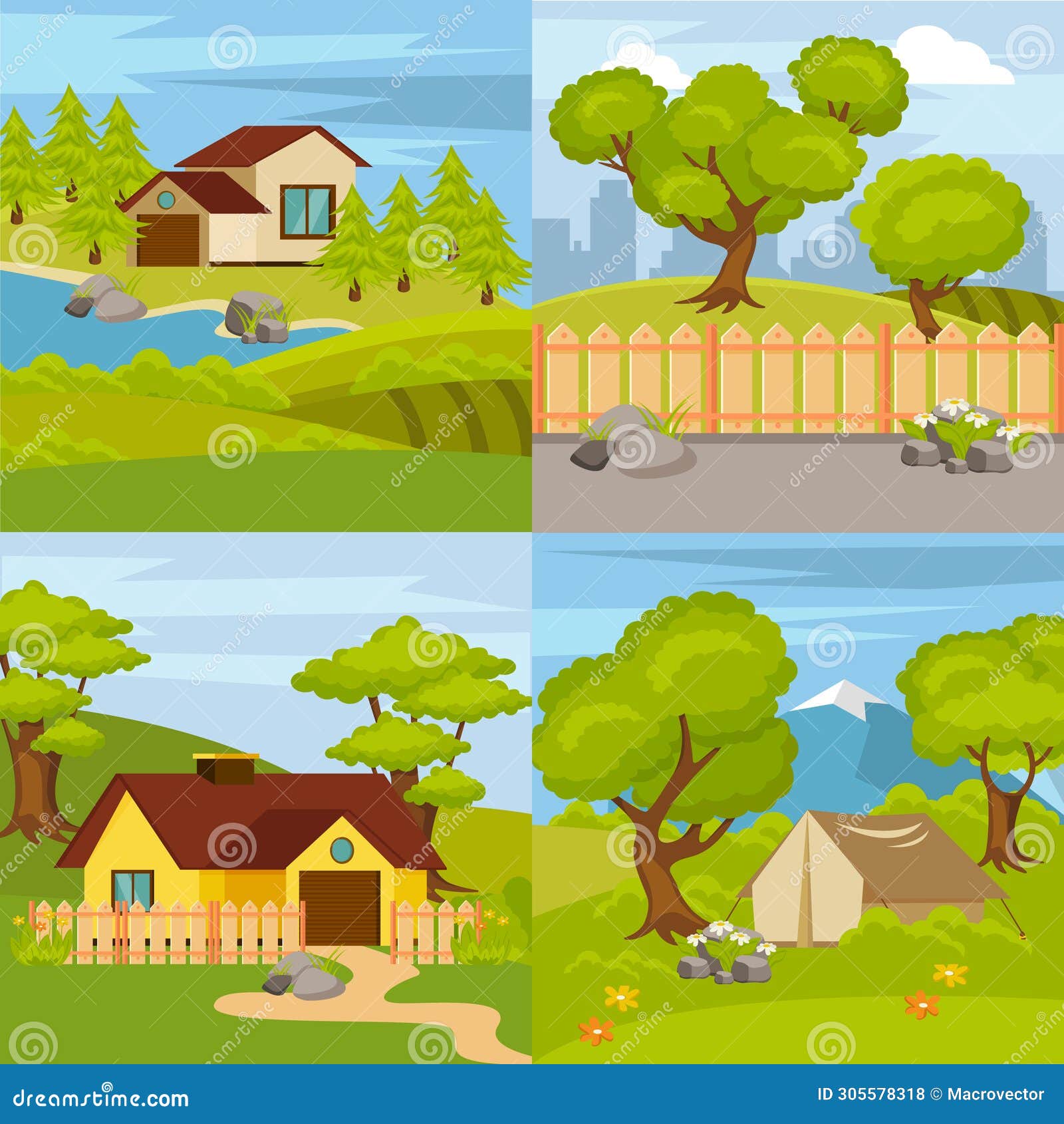 Cartoon Landscape Illustrations in Flat Design Stock Illustration ...