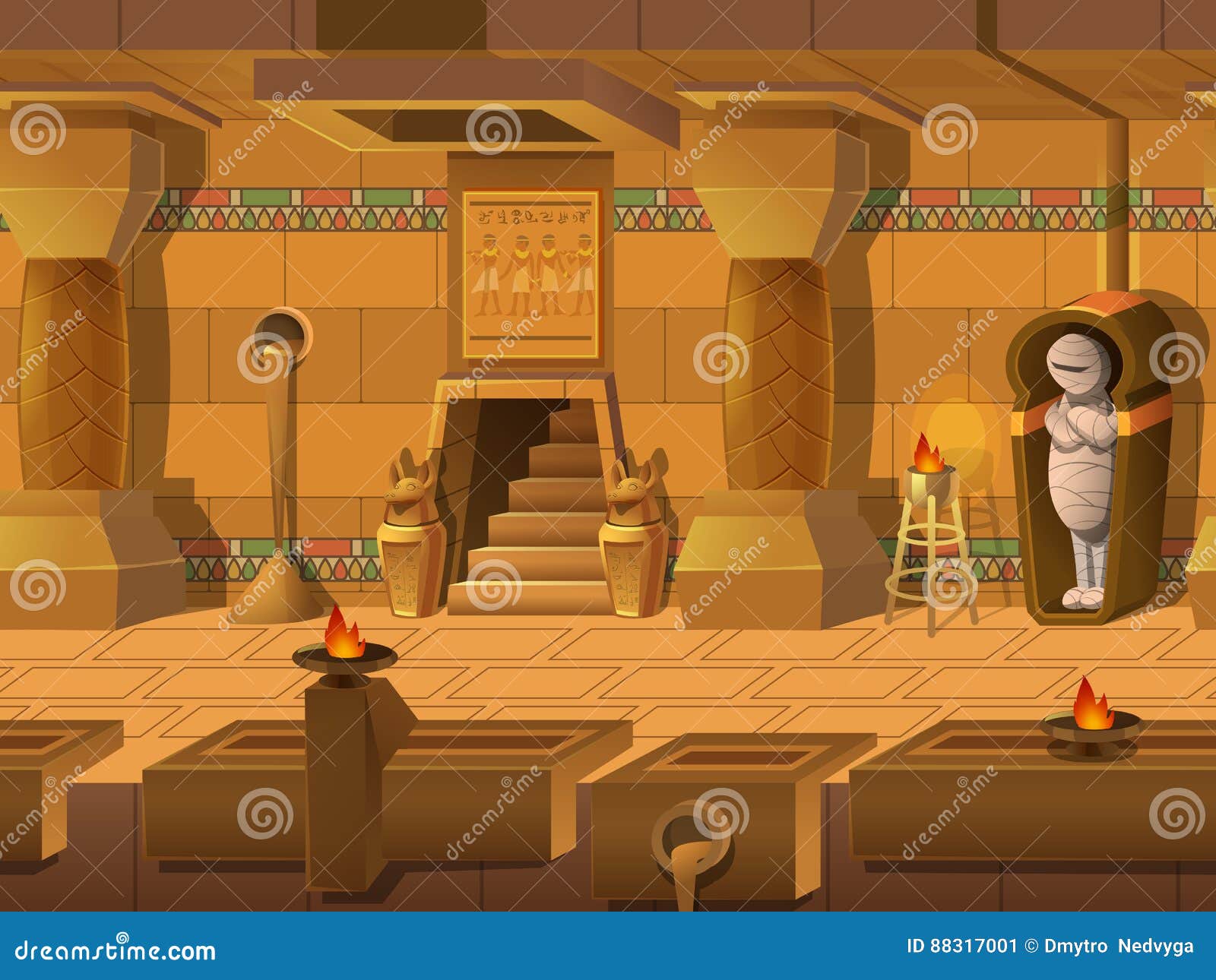 Cartoon Landscape Inside Egyptian Tomb, Vector Unending Background with ...