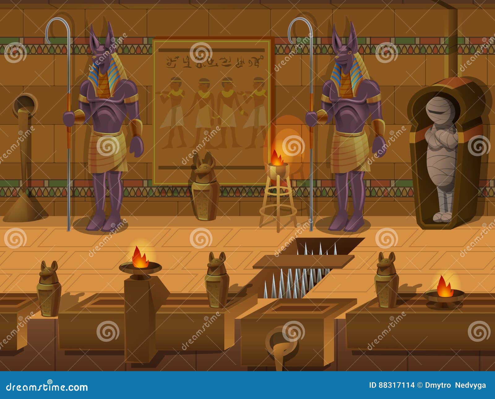 Cartoon Landscape Inside Egyptian Tomb, Vector Unending Background with ...