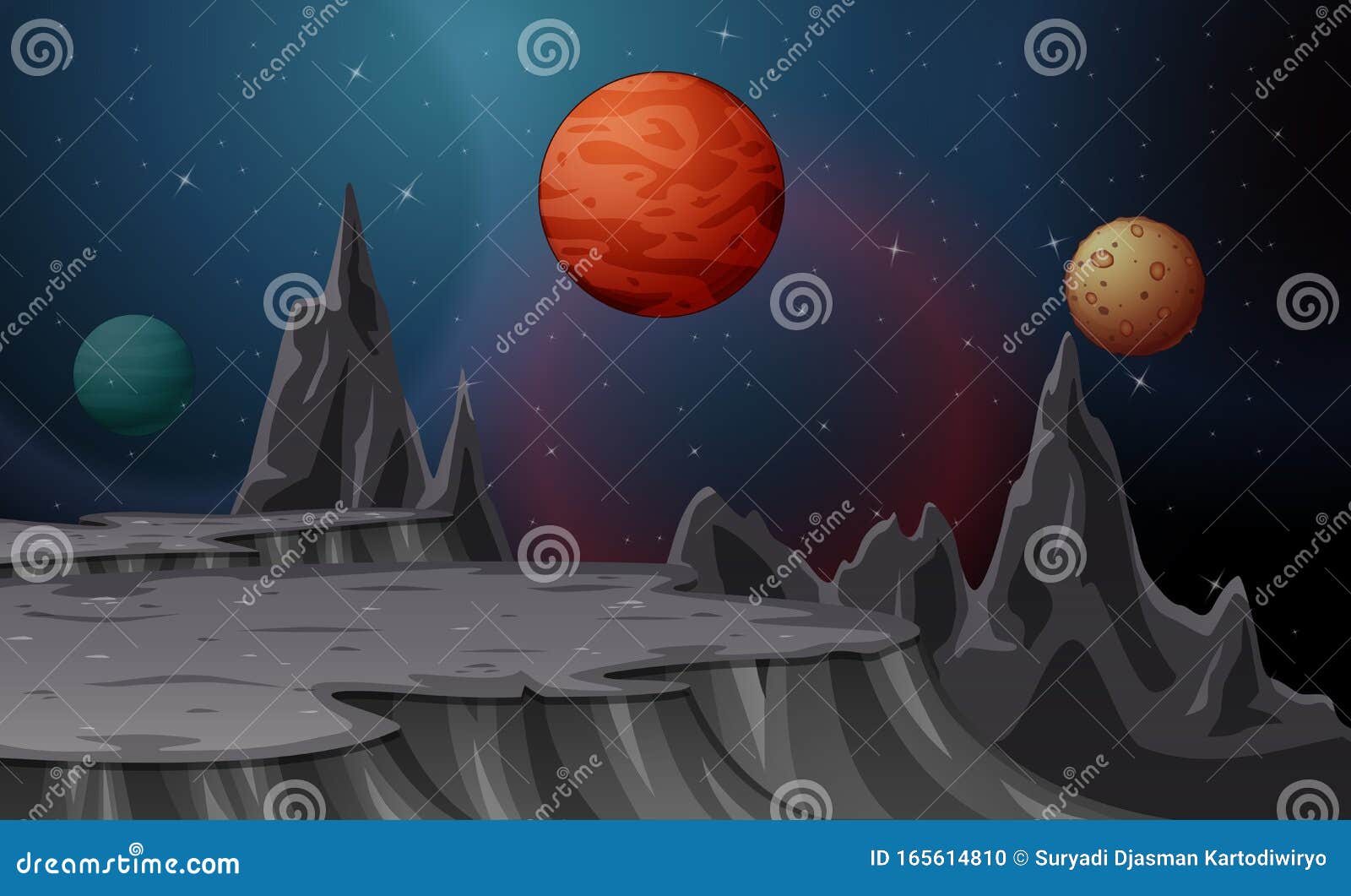 Cartoon Landscape with Moons and Planets on Starry Sky 向量例证 - 插画 包括有 全景 ...