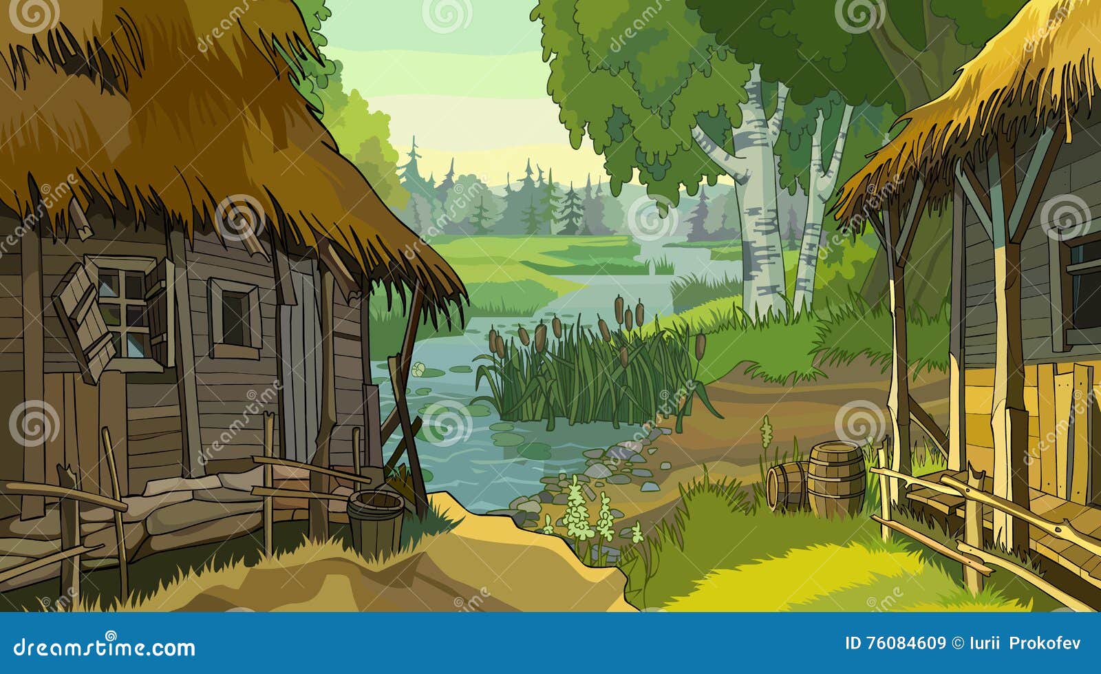 Cartoon Landscape Rustic Hut by the River Stock Vector - Illustration ...