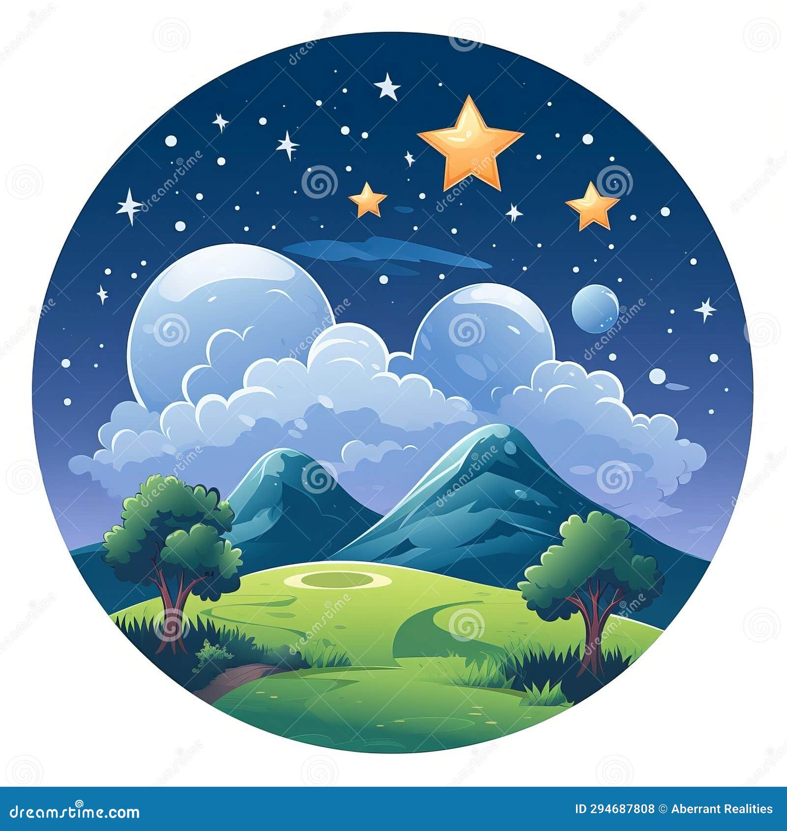 Cartoon Landscape with Stars and Clouds in the Sky Stock Illustration ...