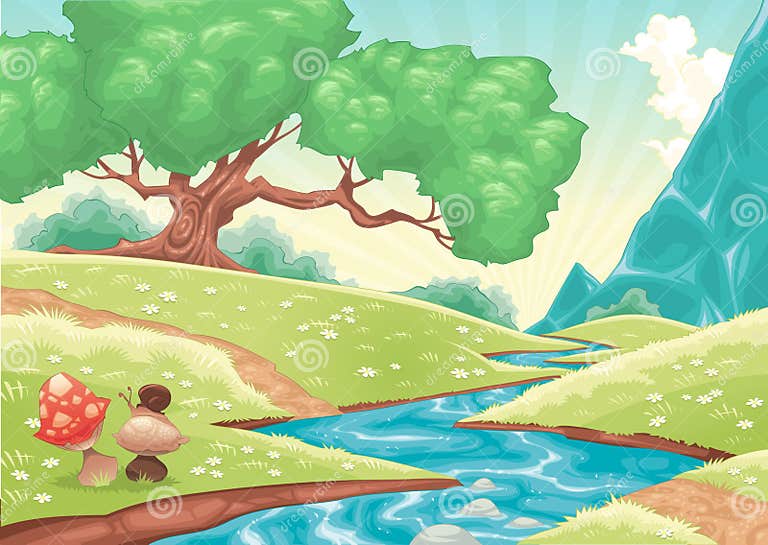 Cartoon Landscape with Stream Stock Vector - Illustration of nature ...
