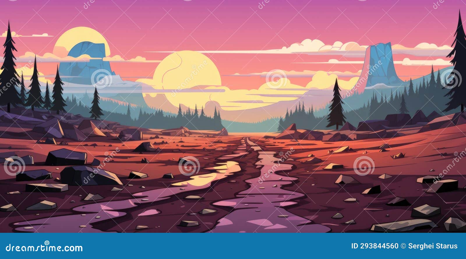A Cartoon Landscape with a Stream Running through it, AI Stock ...
