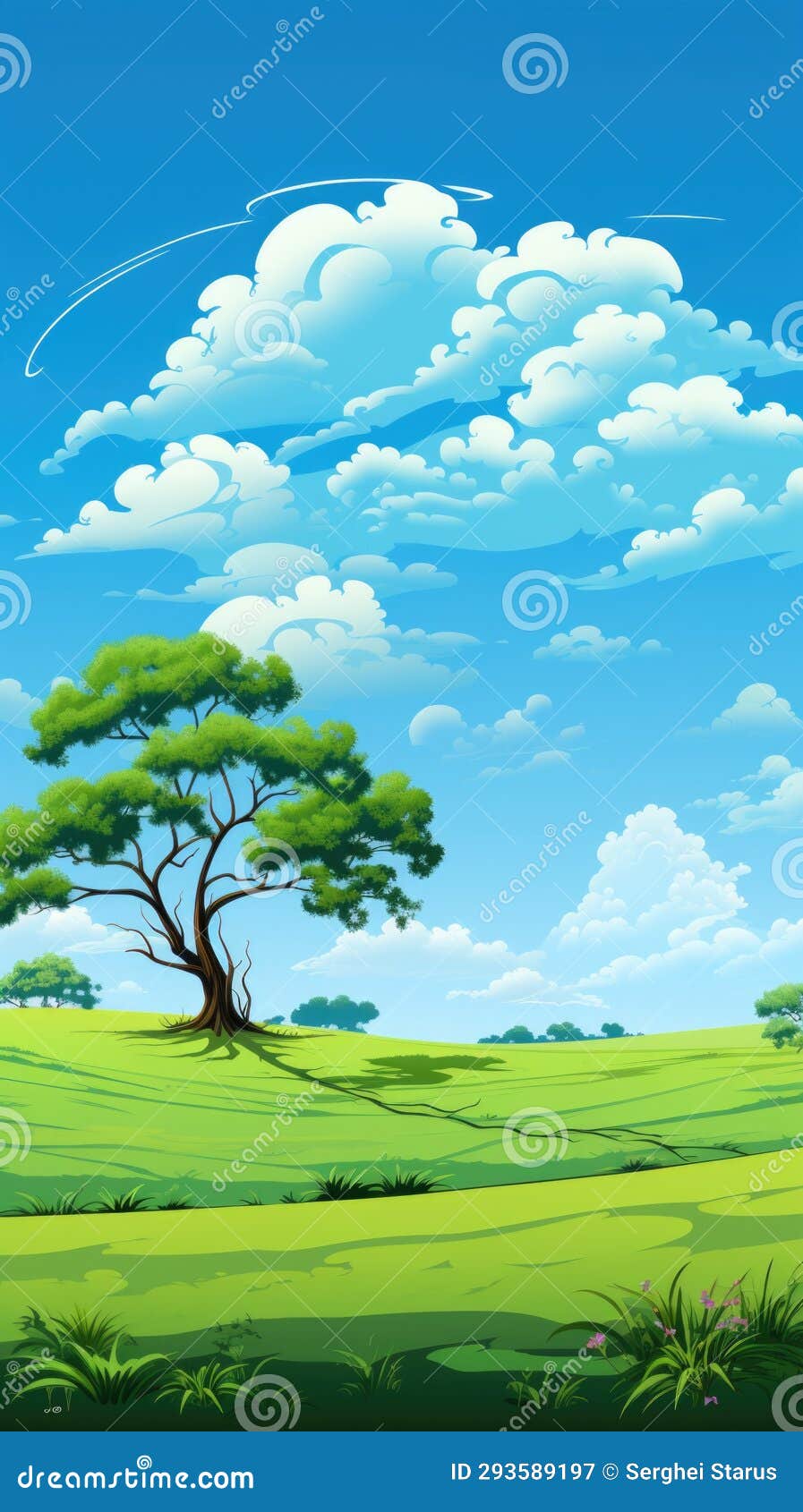 Cartoon Landscape with Tree and Clouds, AI Stock Illustration ...